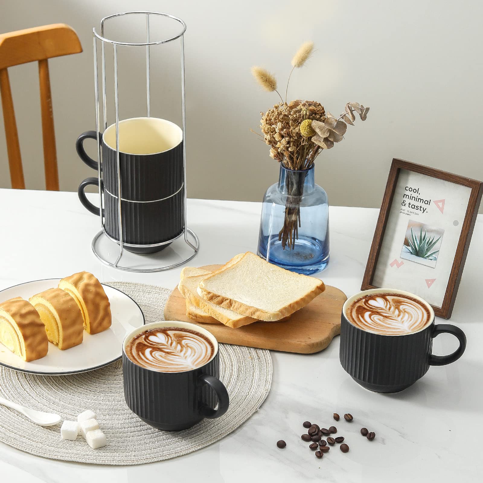 Hasense 15 OZ Stackable Coffee Mugs Set of 4 - Ceramic Embossed Coffee Cups Large Porcelain Restaurant Drinking Cups with Rack Perfect for Coffee, Tea, Cocoa, Milk and Latte, Green