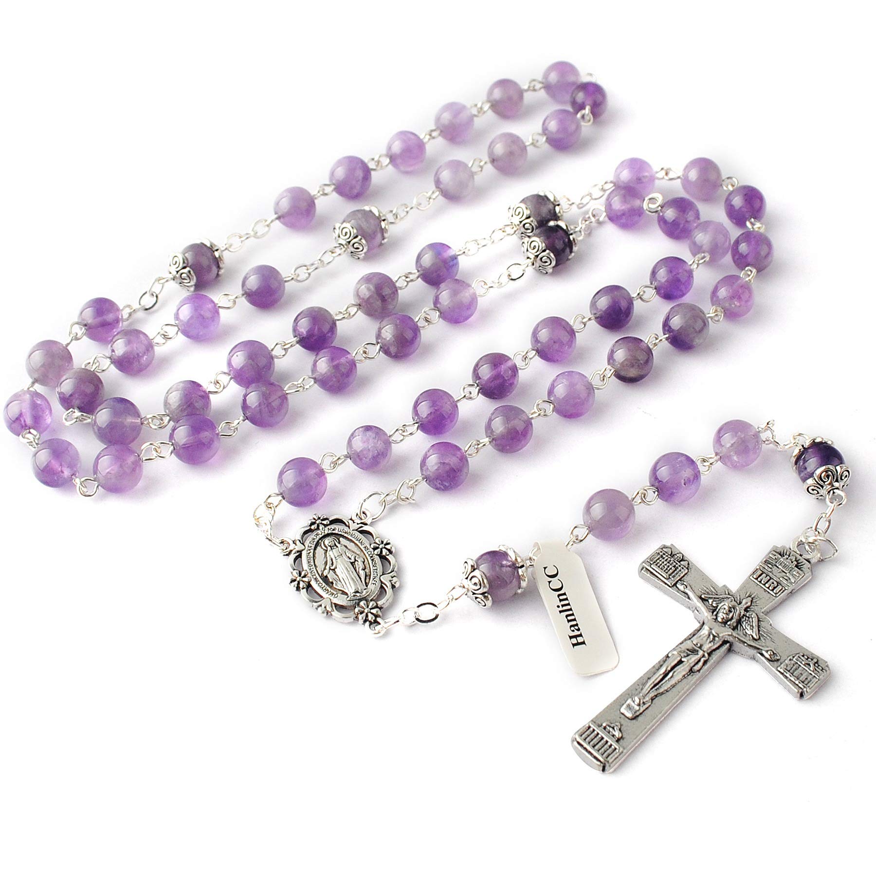 HanlinCC 8mm Natural Real Amethyst Crystal 5 Dacade Fancy Miraculous Center Piece Rosary Necklace with Anti-Silver Catholic Crucifix Pack in Leather Gift Box