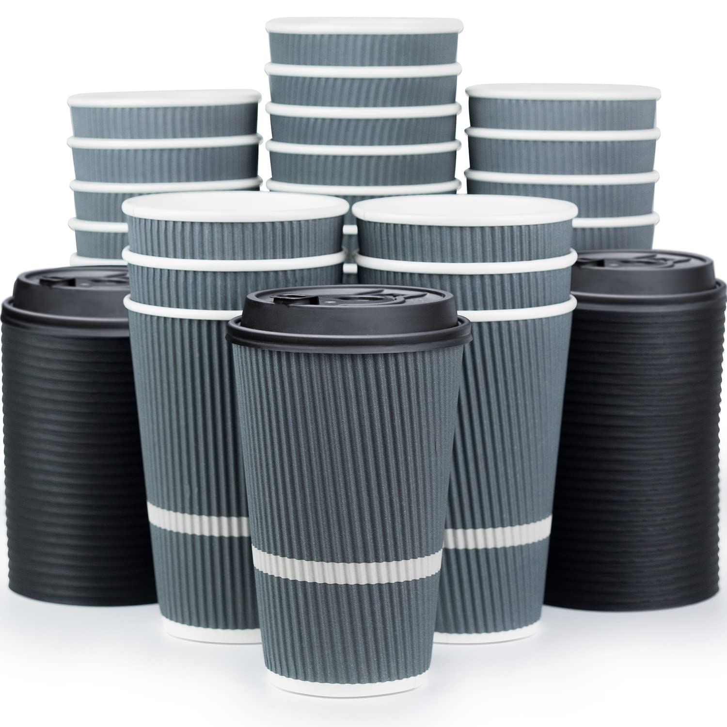 Glowcoast Disposable Coffee Cups With Lids - 16 oz To Go Coffee Cup (70 Pack). Large Travel Cups Hold Shape With Hot and Cold Drinks, No Leaks! Insulated Ripple Cups Protect Hands, No Sleeves needed!