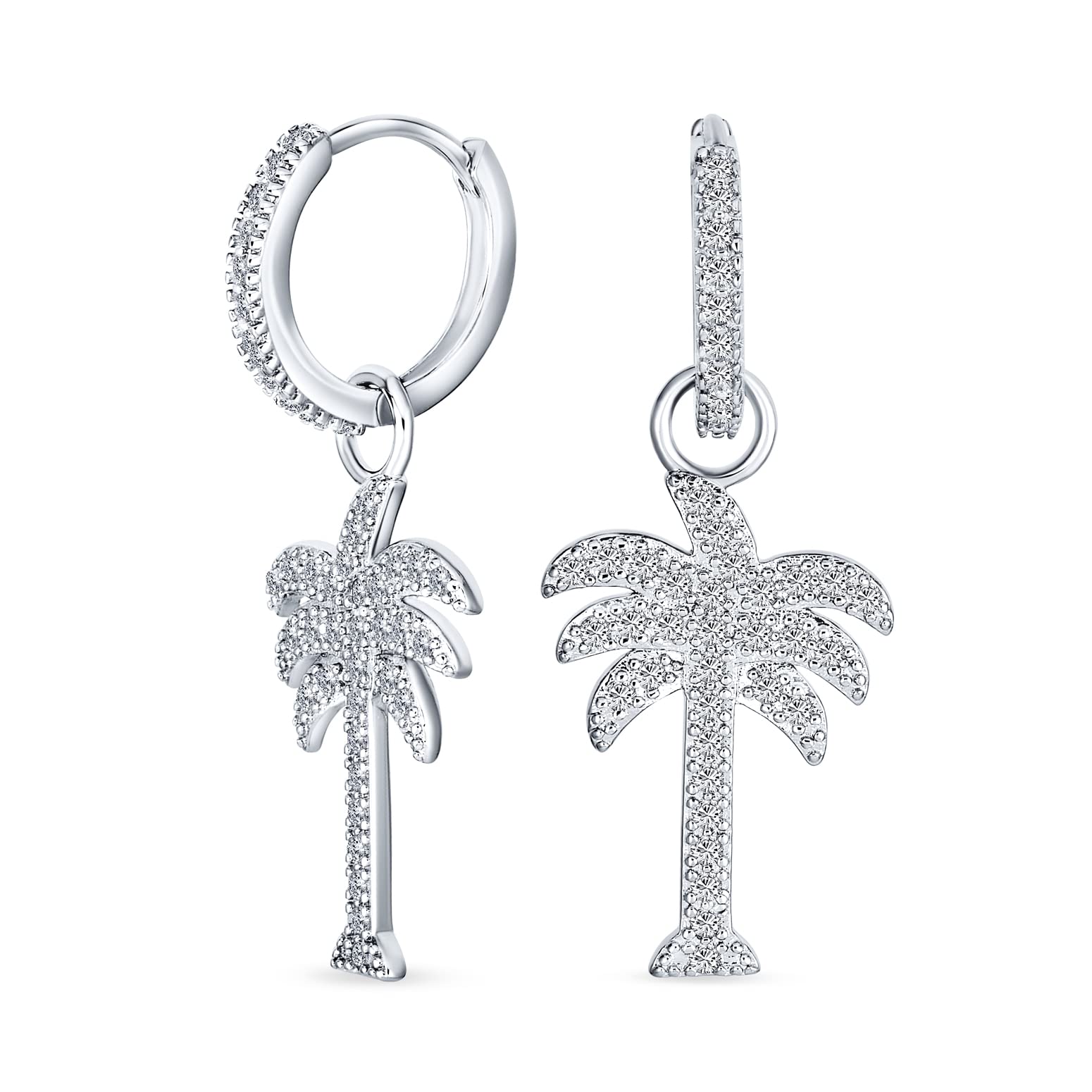 Hawaiian Nautical Pave CZ Cubic Zirconia Huggie Mini Hoop Dangle Charm Palm Tree Earrings For Women Teen .925 Sterling Silver