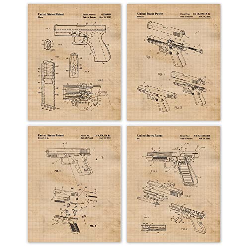Vintage Glock Patent Prints, 4 (8x10) Unframed Photos, Wall Art Decor Gifts Under 20 for Home Office Man Cave Garage Shop Gun Firearm Range Student Teacher Police Coach USA Military Law Veterans Fan