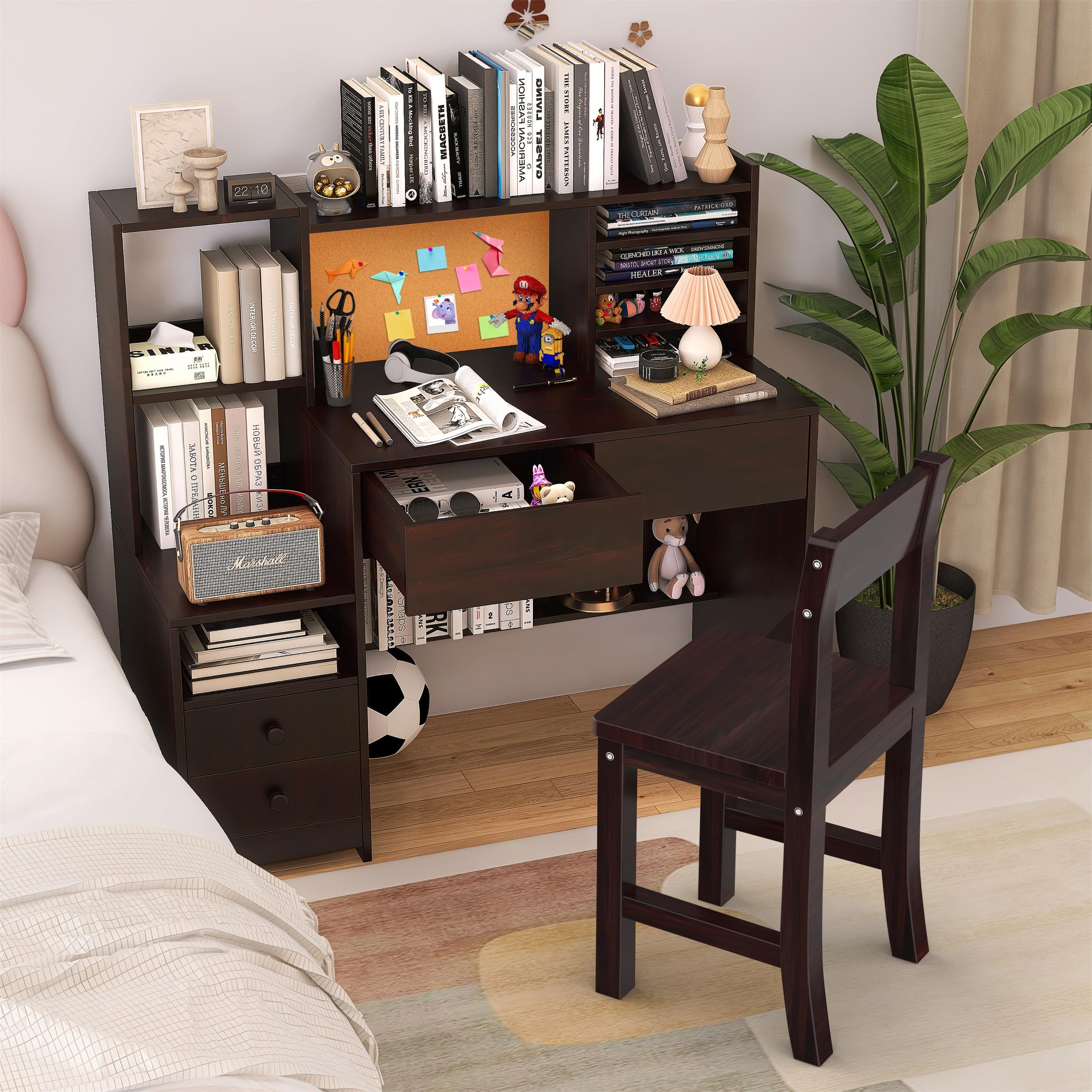 RUPOLX Childrens Computer Desk with 4 Drawers, Espresso Kids Desk and Chair Set for 5-12 Year Old,Kids Study Table with Storage Shelf-P8Phus
