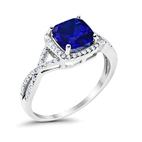 Halo Infinity Shank Engagement Ring Cushion Simulated Blue Sapphire Round Cubic Zirconia 925 Sterling Silver, Size-9