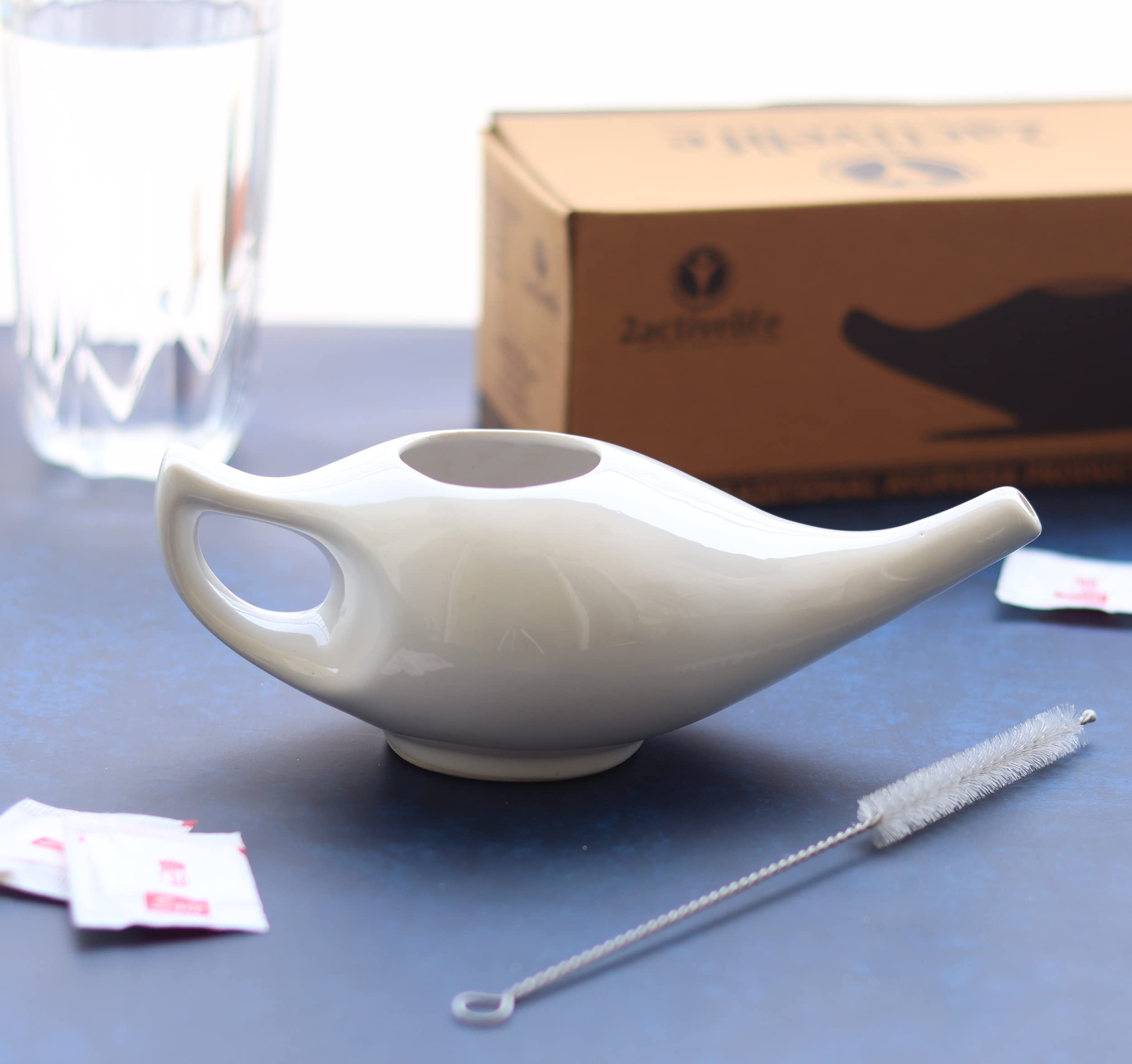 Handmade Ayurvedic Ceramic Neti Pot for Nasal Cleansing & Sinus| Premium Handcrafted Durable, Dishwasher Safe, for Nasal Cleansing + 5 Sachet Neti Salt, 225 Ml. (7.6 FL Oz) Capacity -White Color