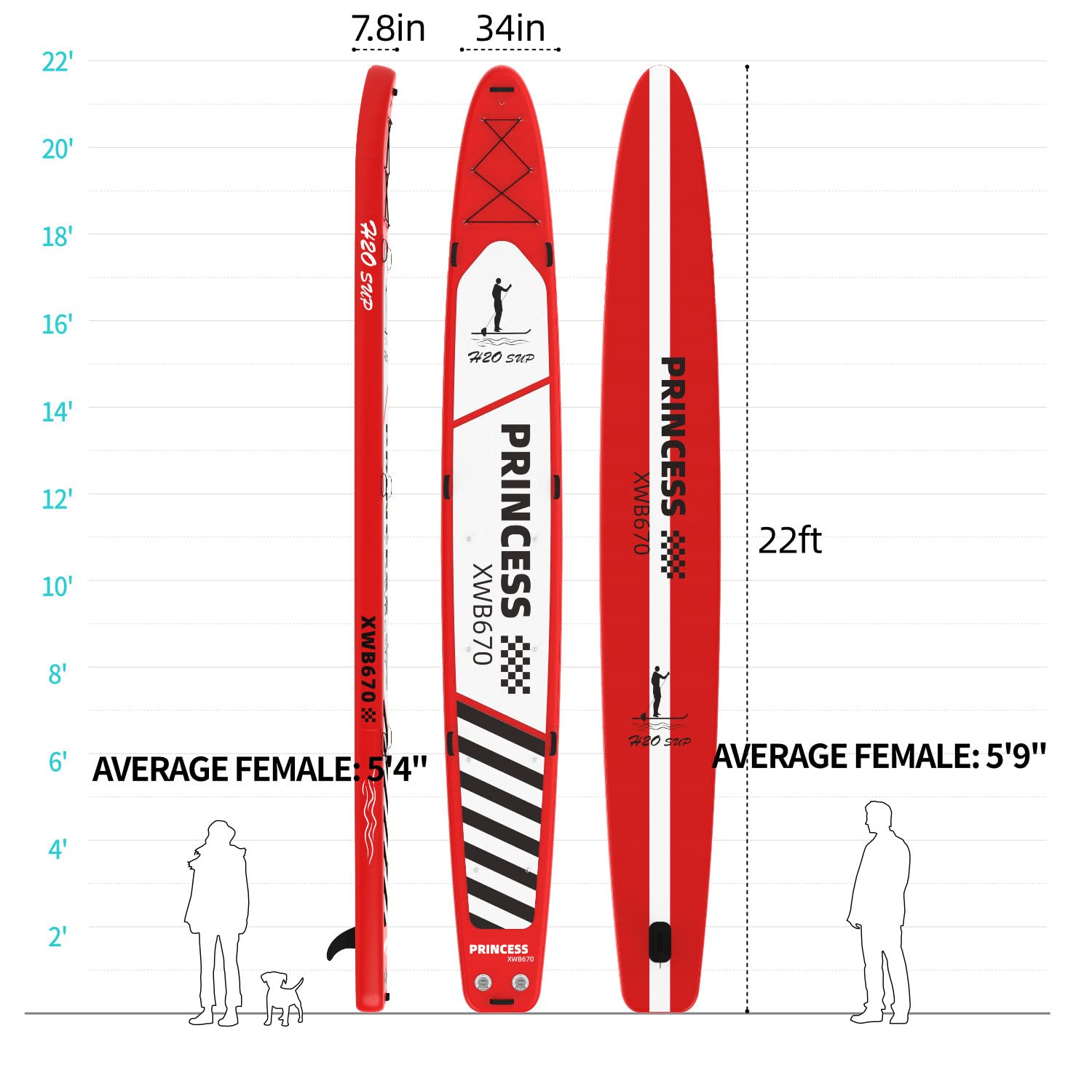 H2OSUP Extra Long Extra Large Multi-people Inflatable Paddle Board, 22' × 34" ×7.8" Stand Up Board SUP Board with Kayak Seat, Durable SUP Accessories for Youth & Adults Have Fun with Family Friends