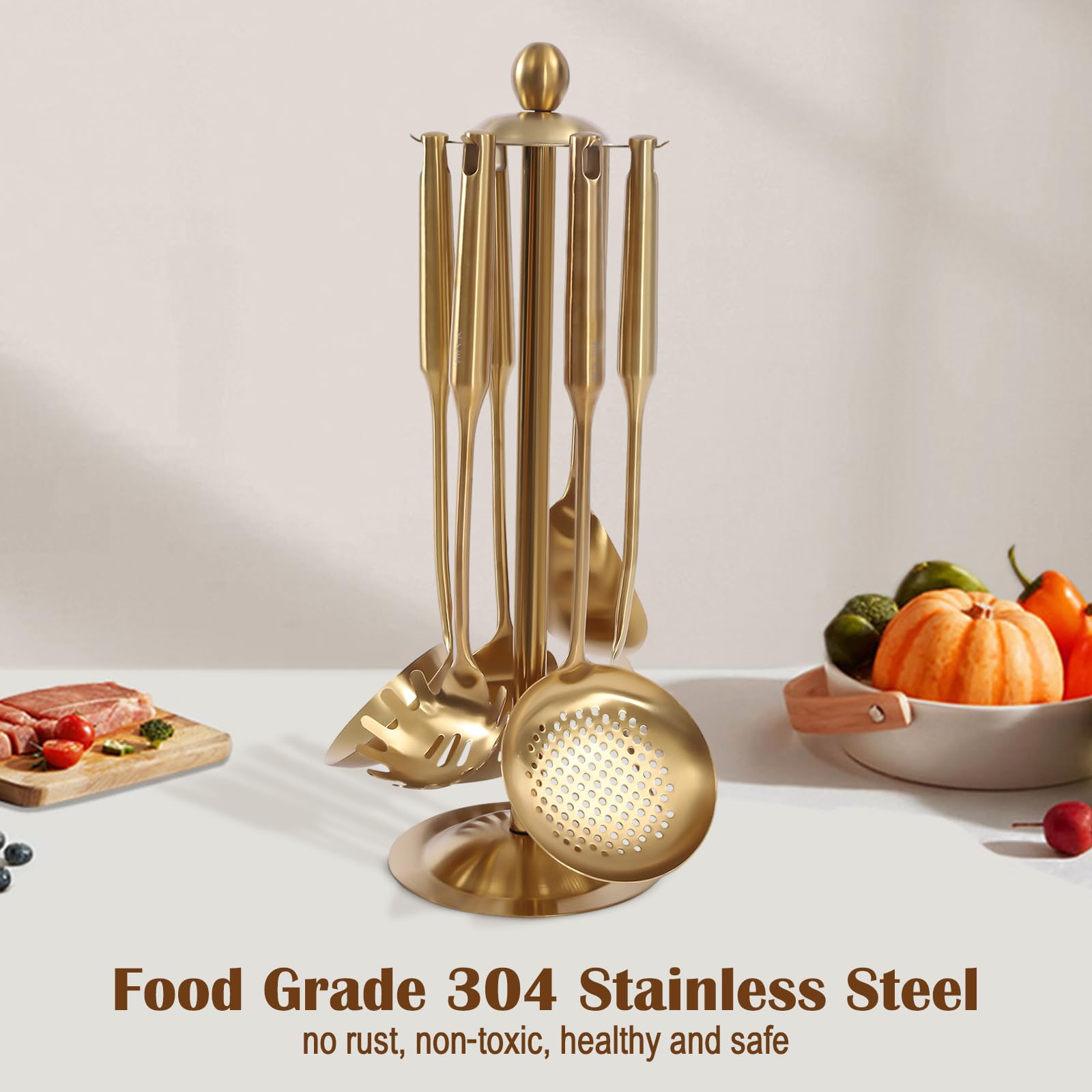 Gold Cooking Utensils Set with Holder, 7 PCS 304 Stainless Steel Cooking Kitchen Utensil Set with Rotating Holder, Spatula, Slotted Turner, Ladle, Skimmer, Pasta Server, Large Rice Spoon