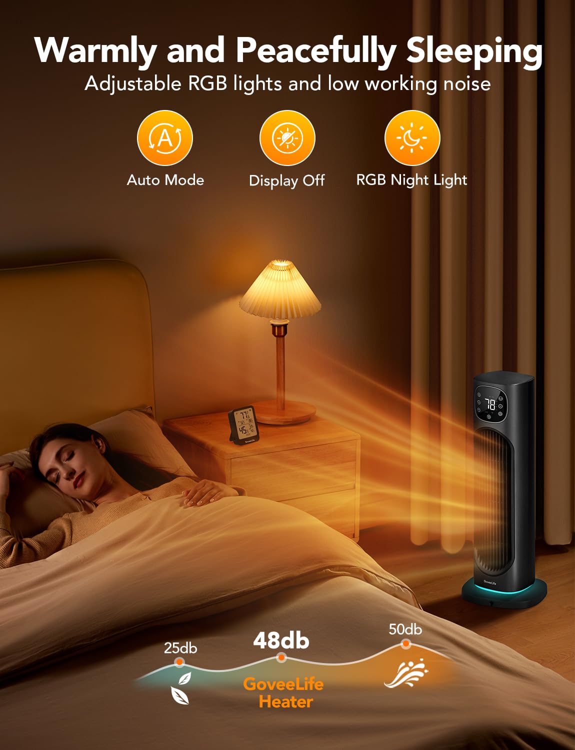 GoveeLife 24" Space Heater, 80° Oscillating Smart Electric Heater with Thermostat, WiFi APP & Voice Control, 4 Mode, 24H Timer, Night Light, 1500W Tower Ceramic Heater for Indoor Use, Large Room