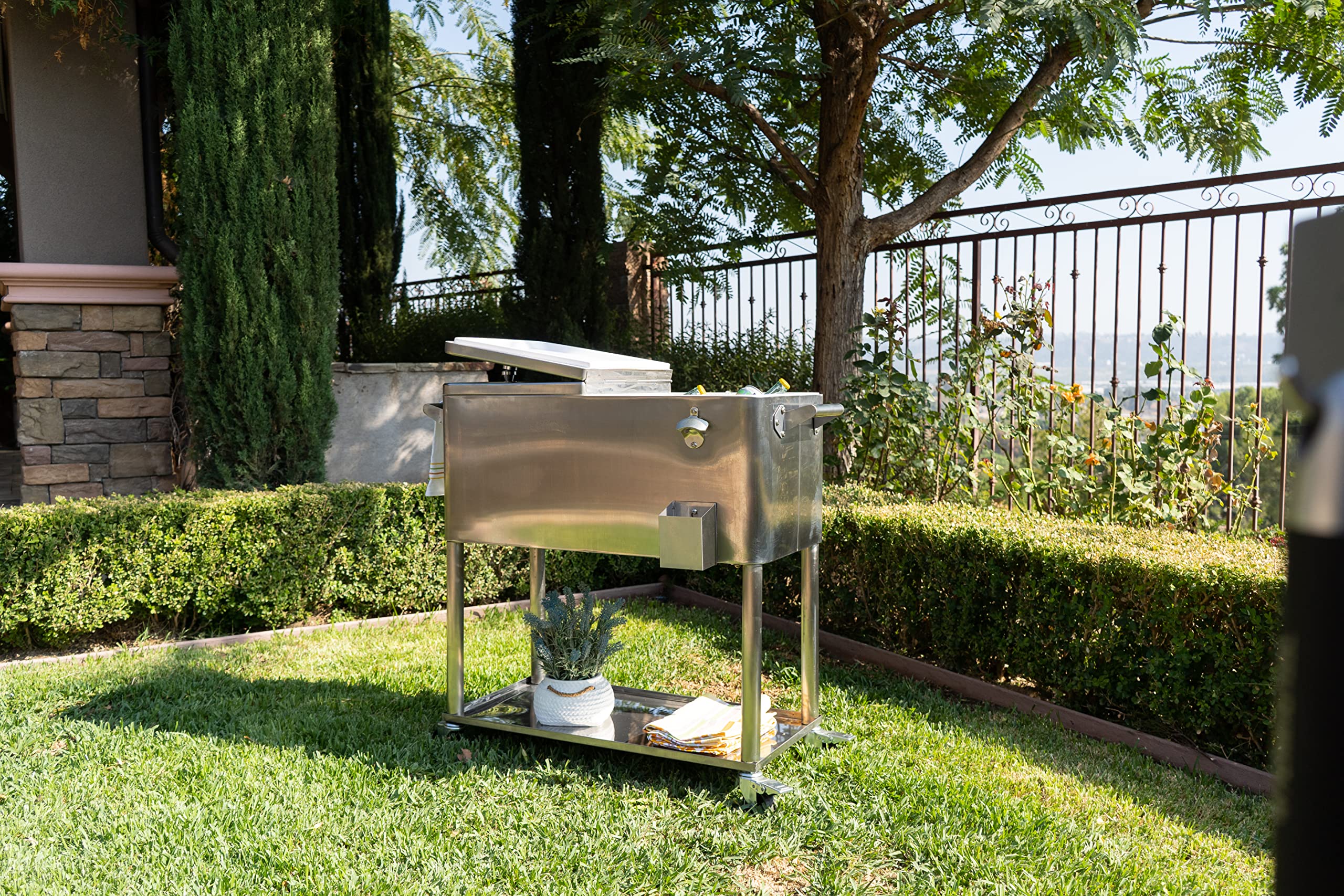 Permasteel 80-Qt Outdoor Patio Cooler with Wheels and Handles, Stainless Steel