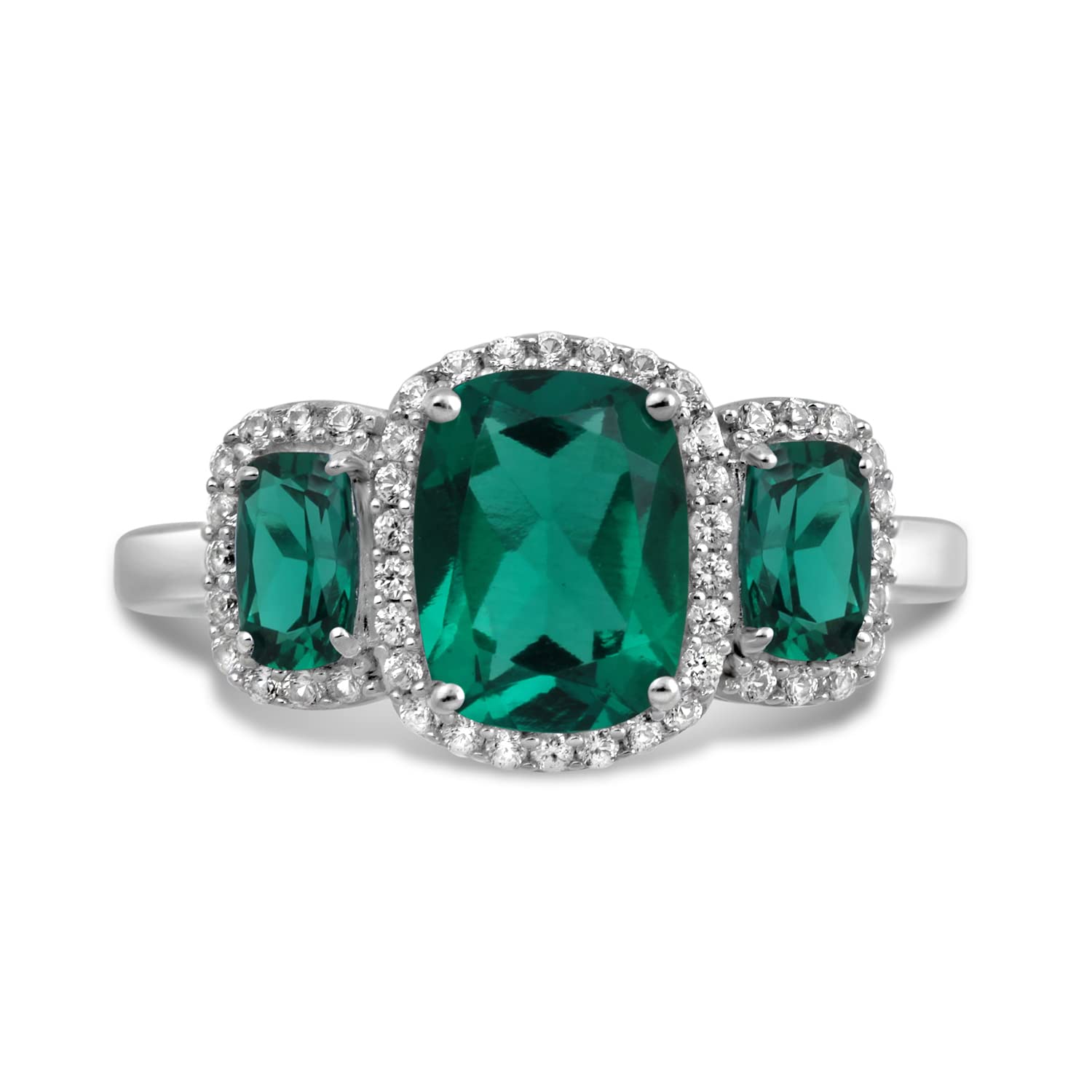 Jewelili Sterling Silver 8x6 and 5x3 MM Cushion Cut Emerald and Round Created White Sapphire Engagement Ring, Size 7