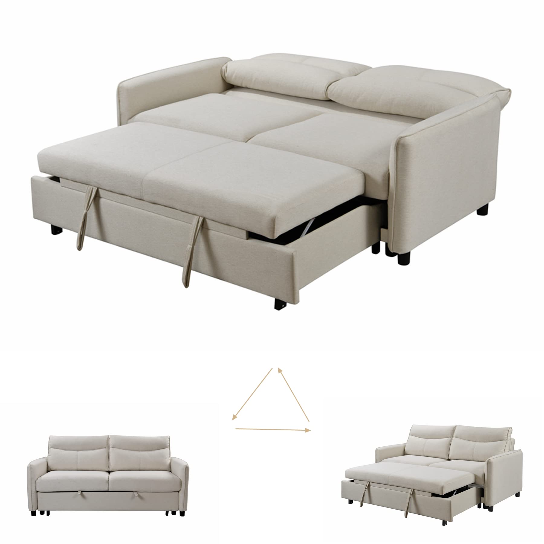 Gynsseh 3-in-1 Convertible Sleeper Sofa Bed, Queen Size Sofa Bed Couch with 2 Backrest Pillows, Pinstripe Upholstered 3-Seat Sofa Couch with Pull Out Bed for Living Room, S3-Beige