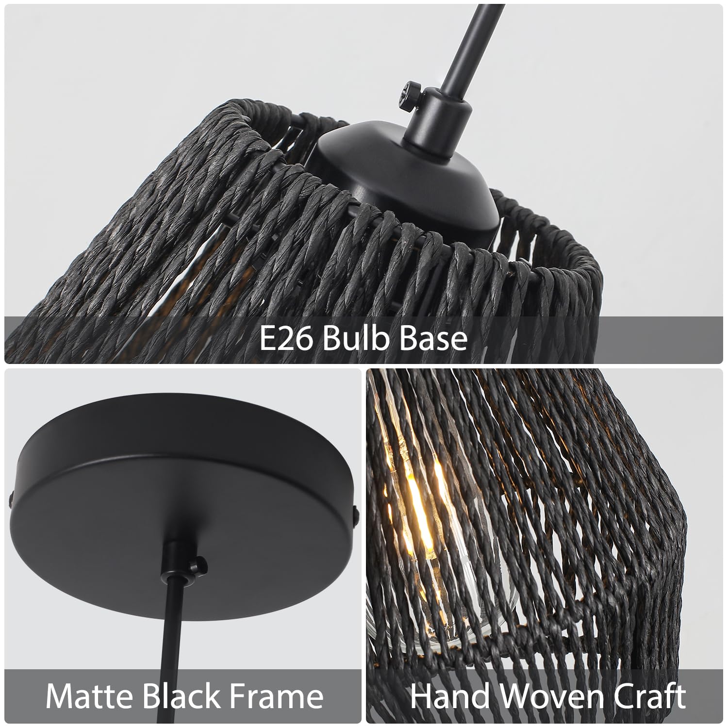 Heircido Brown Woven Pendant Lights, 7”Rustic Rattan Boho Hanging Lamp Adjustable Handwoven Basket Shade, Farmhouse Pendant Light Fixtures for Kitchen Island, Dining Room, Bedroom,Bar,Hallway