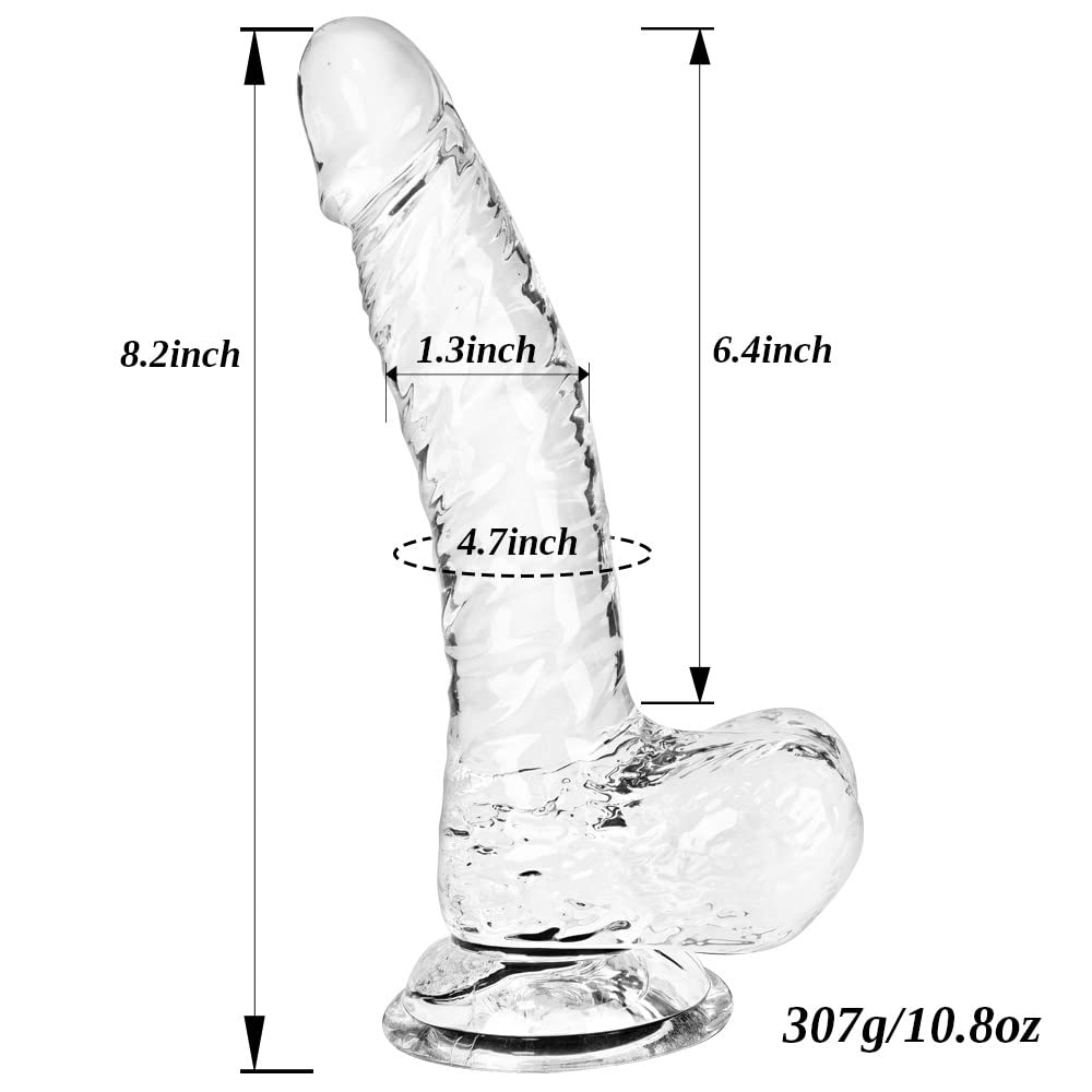 Hands-Free Pleasure with a Clear Suction Cup Dildo - Realistic 8.2 Inch Design with Curved Shaft and Balls for G-spot and Anal Stimulation.