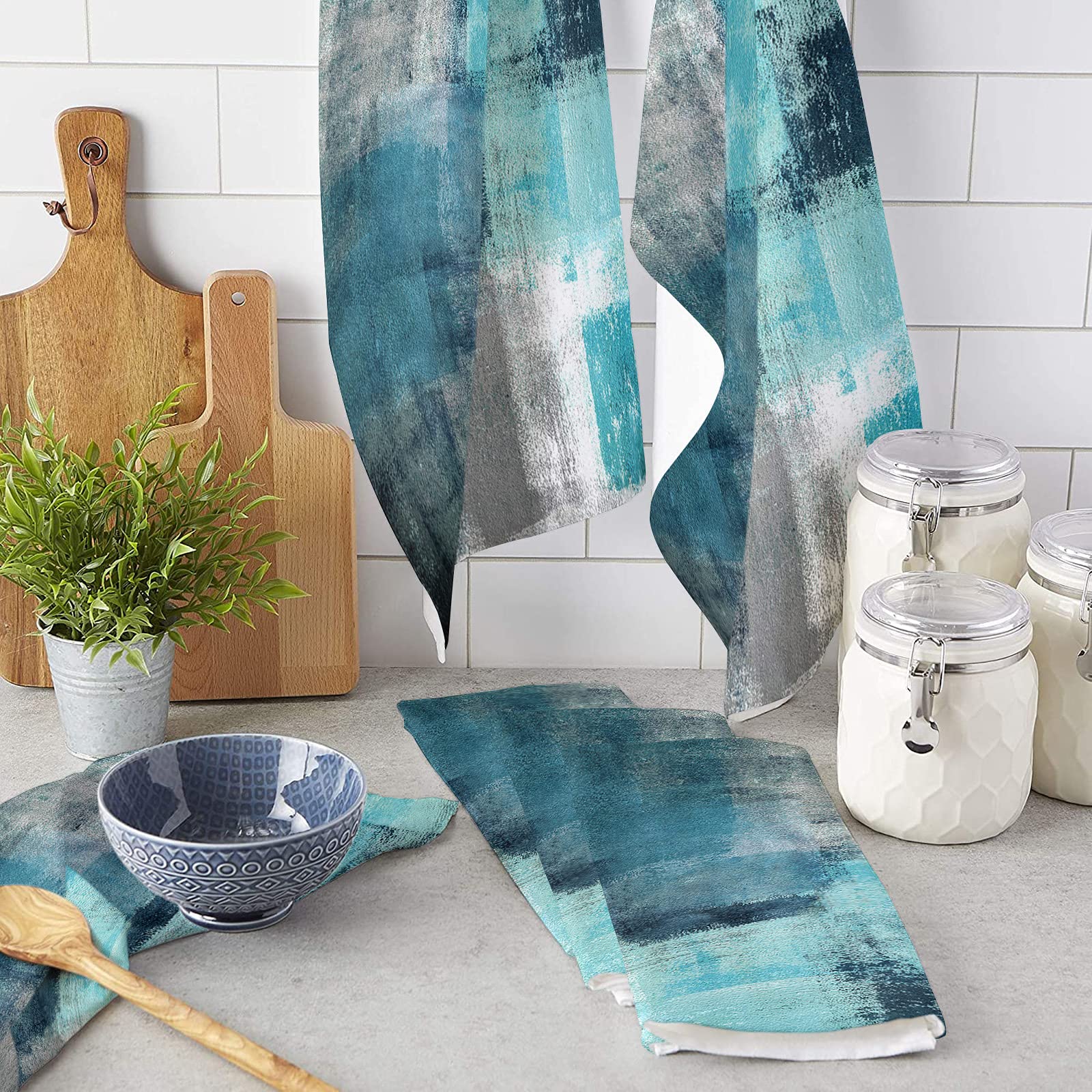 Kitchen Towels Abstract Paint Art Graffiti Lattice Tea Towel Microfiber Absorbent Washable Cyan Teal Turquoise Gray Soft Hand Dish Towel Cleaning Cloth for Kitchen Bathroom,18 x 28 Inch