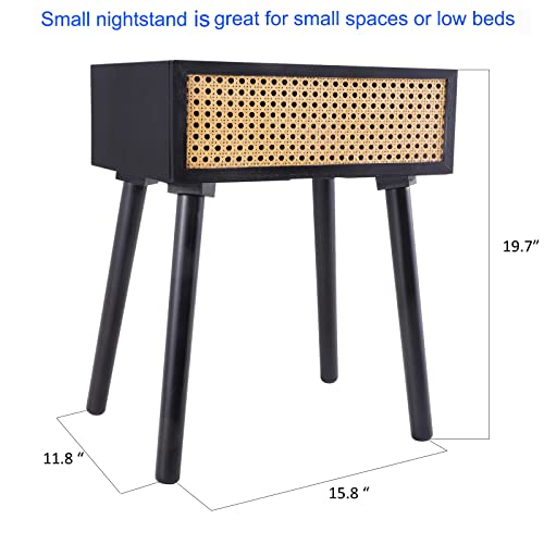 Rattan Nightstand, Small End Table with Storage (No Assembly Required), Black Side Tables Bedside Table Mid-Century Modern Style Coffee Table for Living Room Bedroom Balcony Office