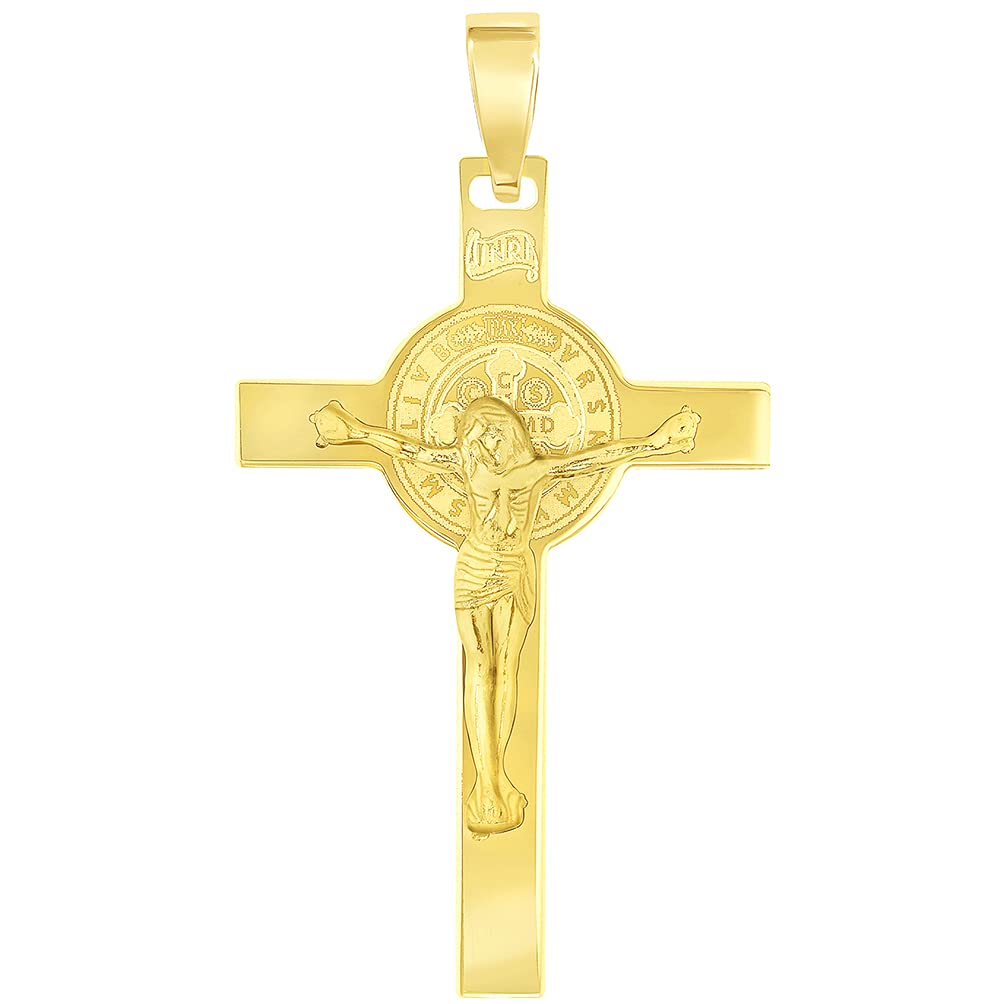 Jewelry America Solid 14k Yellow Gold St. Benedict Crucifix INRI Jesus Cross Pendant Necklace, 18"