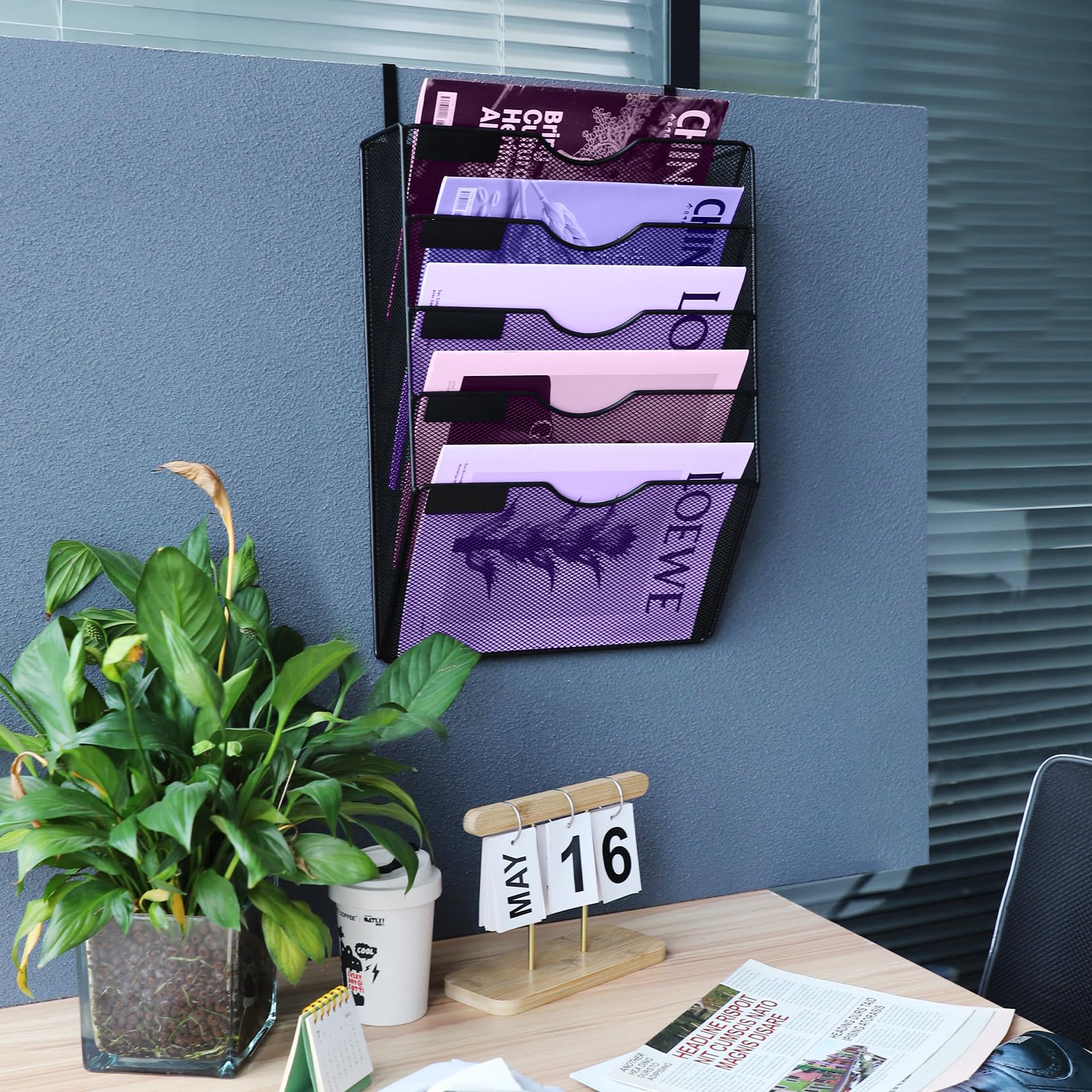 HMXLJJY Wall File Organizer 5 Pockets,Wall Mail Organizer,Vertical Wall Mounted Mesh Hanging File Holder Organizer,Mail Holder,Paper Organizer,Magazine Rack,Wall Organizer for Office Home(Black)