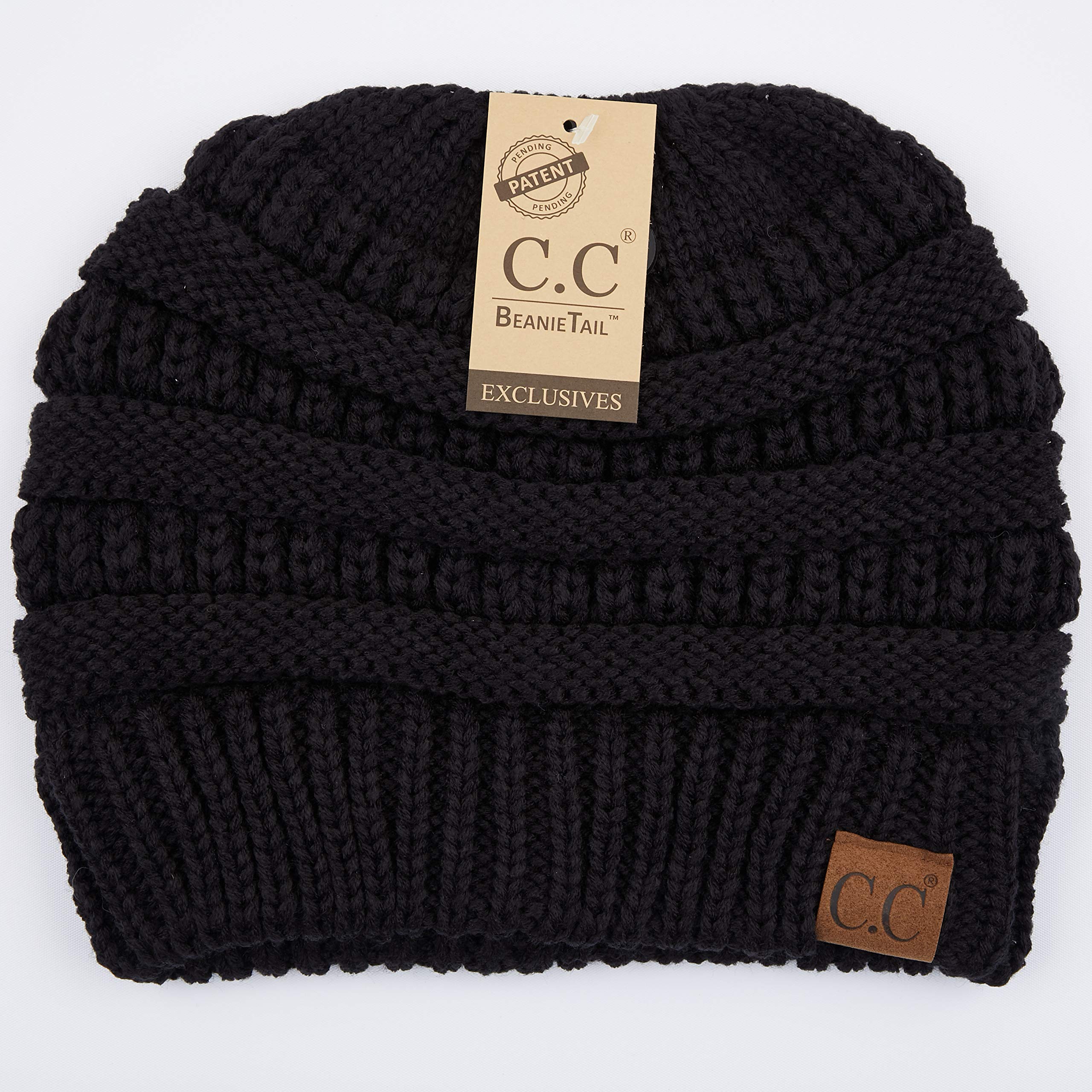 Hatsandscarf CC Exclusives Solid Color Beanie Tail Hat for Adult (MB-20A) (Black)