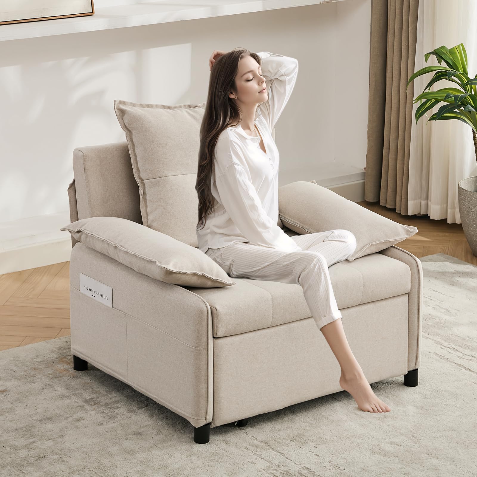 SUKIDA Convertible Sofa Bed, 3 in 1 Multi-Functional Sleeper Couch Chaise Bed, Linen Couch Chair with Pullout Bed, Comfy Padded Back Small Couch for Living Room Apartment Office