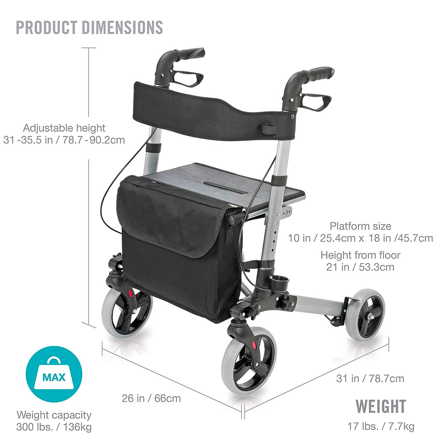 HealthSmart Walker Rollator with Seat and Backrest, Adjustable Handle Height, FSA HSA Eligible, Removable Storage Bag and a Durable Lightweight Frame That Folds While Supporting up to 300 pounds