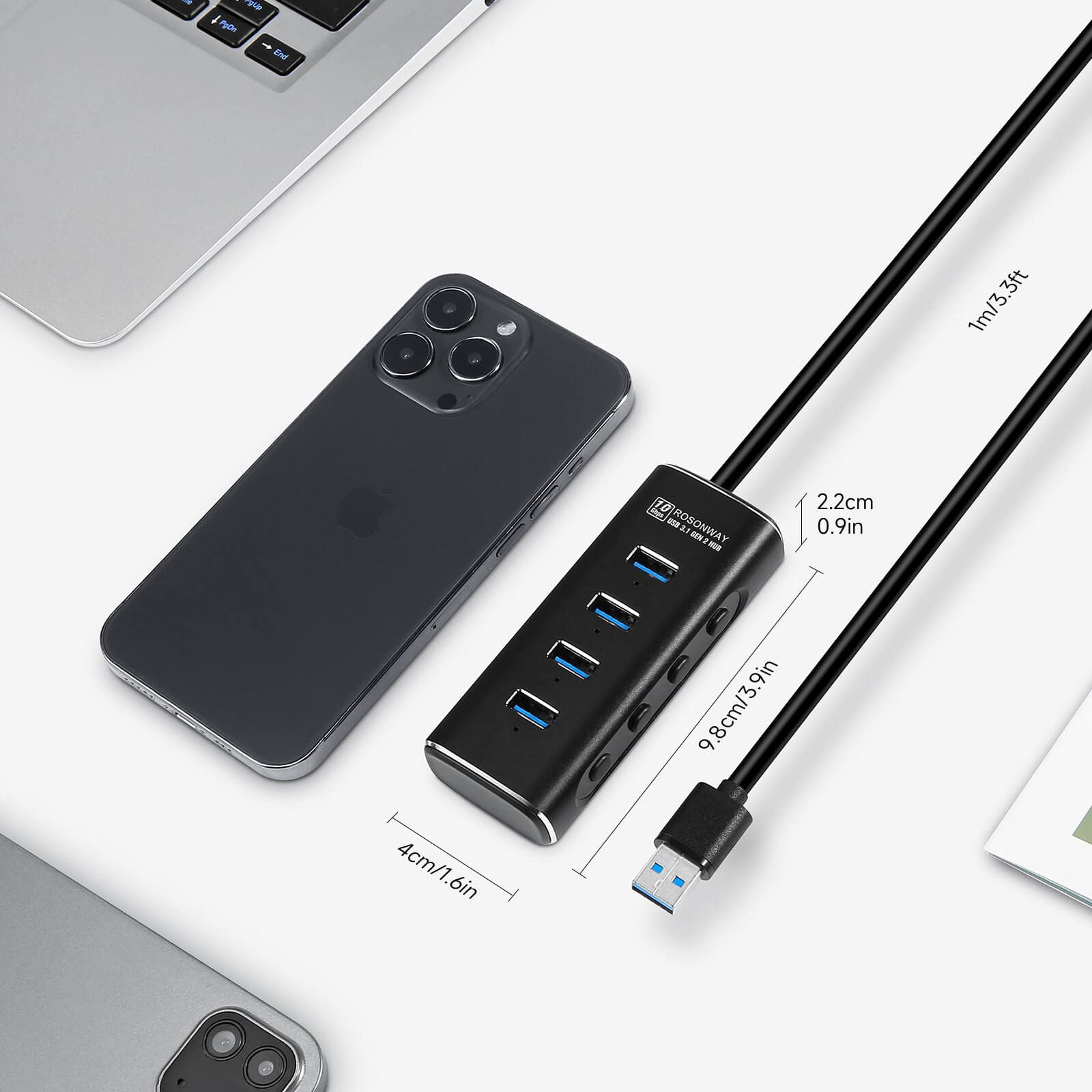 Rosonway 5 in 1 USB C Hub with 3 USB 3.2 10Gbps Data Ports, SD/TF Card Readers, 2ft Cable and Individual Switches, for PC, Laptops, M1 Mac Mini, iMac, MacBook Pro/Air, RSH-A104D