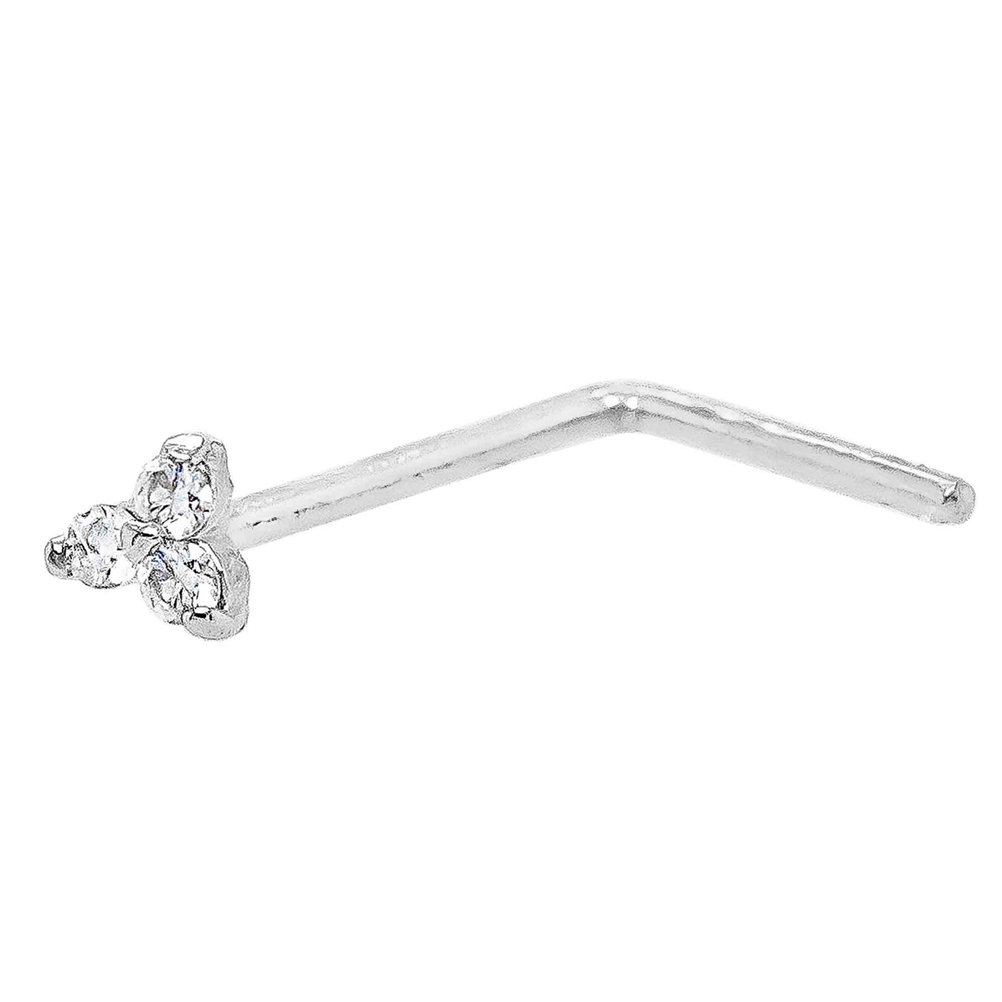 Jewelry Avalanche 3-Stone 0.015ctw Moissanite Nose Stud - 22G Solid 14Kt White Gold L-Shape Stud Nose Ring - April Birthstone Nose Stud LSWG310-MNT