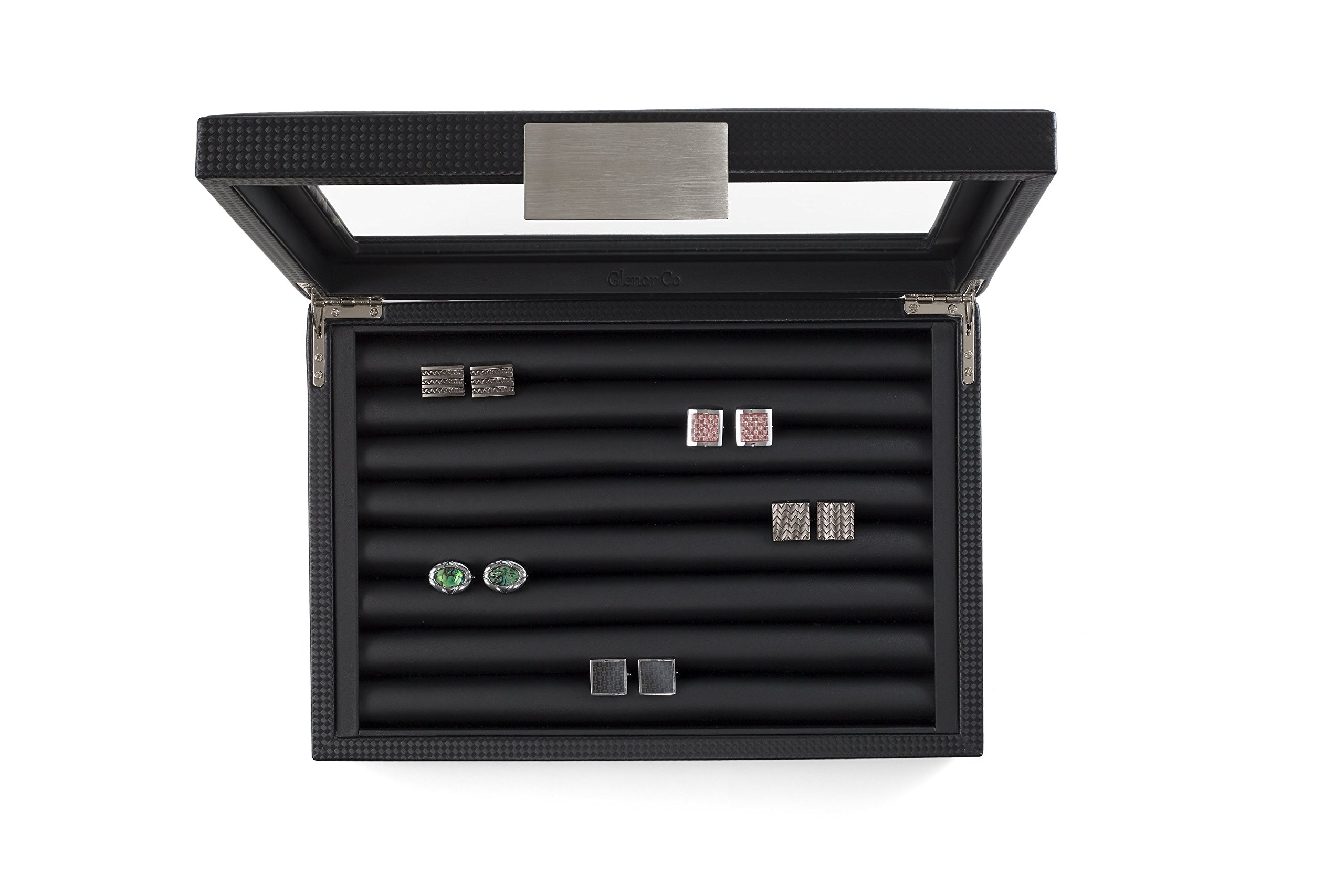 Glenor Co Cufflink Box for Men - Holds 70 Cufflinks - Luxury Display Jewelry Case -Carbon Fiber Design - Metal Buckle Holder, Large Glass Top - Black