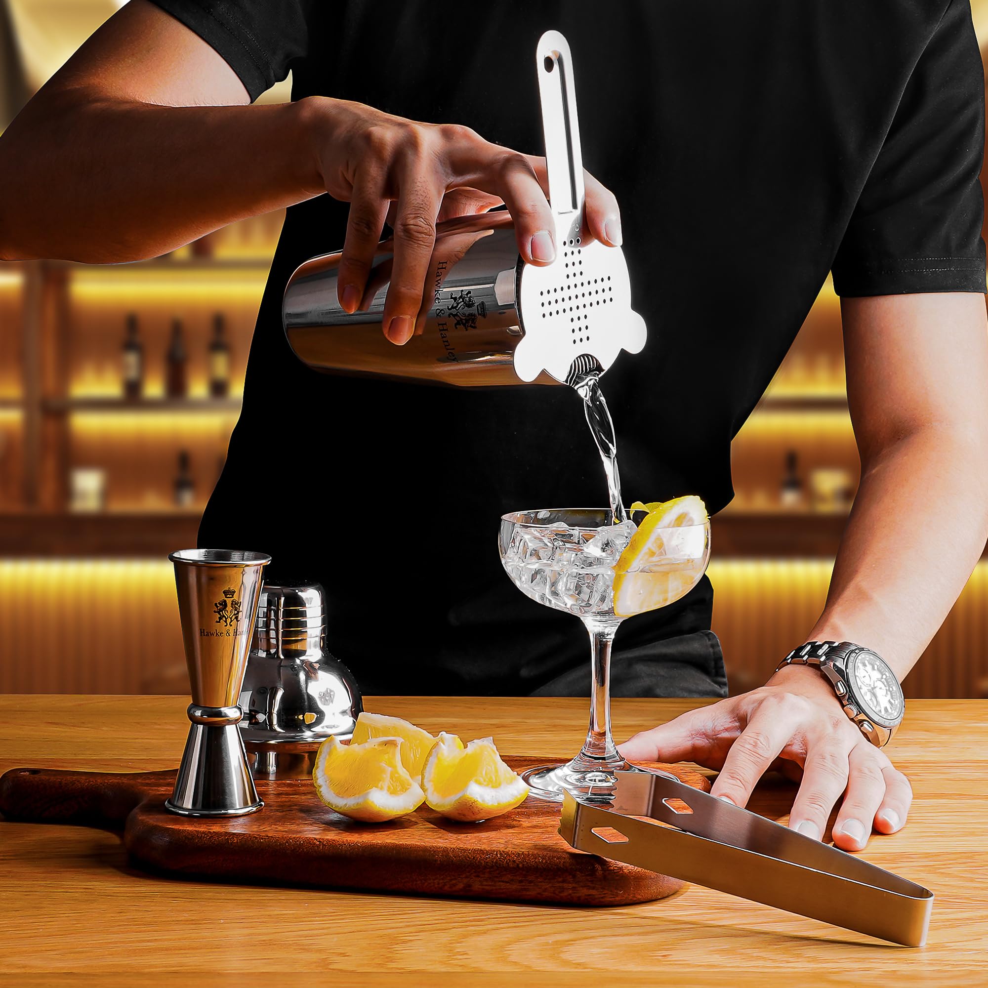 Hawke & Hanley Mixology Bartender Kit: Cocktail Shaker Bar Set with a Martini Shaker, Bar Tools and Black Bamboo Stand | Bartending Kit with Recipe Book | Unique Housewarming Gift (Silver)
