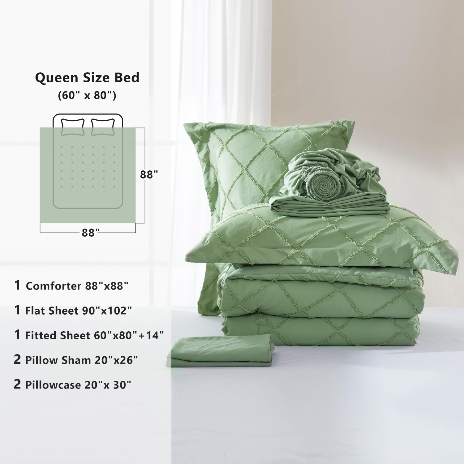 Gotroolhome Sage Green Queen Comforter Set - 7 Pieces ，Boho Tufted Shabby Chic Bedding Comforter Set, Bed in a Bag for All Seasons, with Comforter, Sheets, Pillowcases & Shams