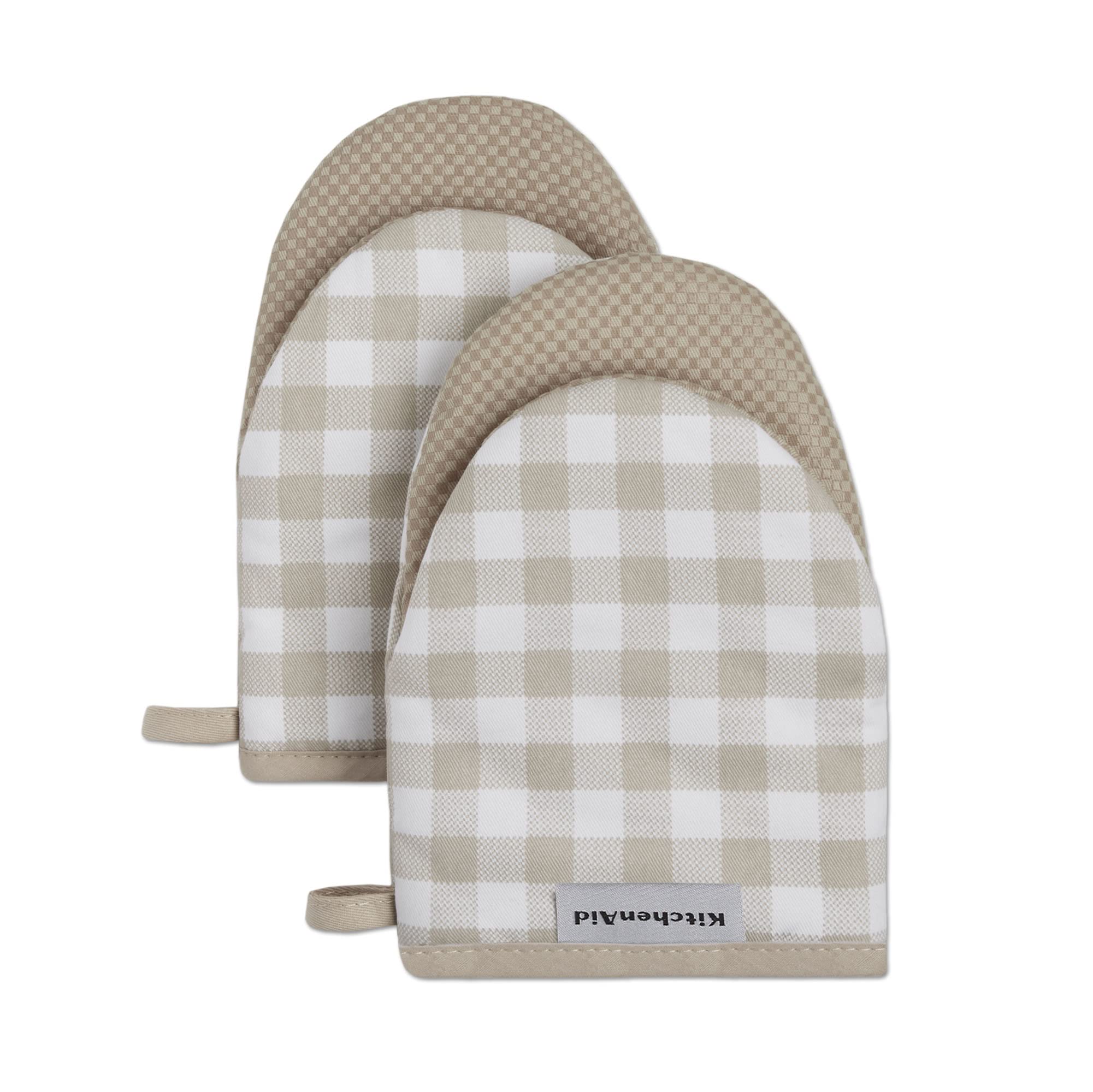 KitchenAid Ribbed Soft Silicone Water Resistant Pot Holder Set, Milkshake (2 Piece Set, 7"x9") and KitchenAid Gingham Mini Oven Mitt 2-Pack Set, Milkshake Tan (5.5"x8")