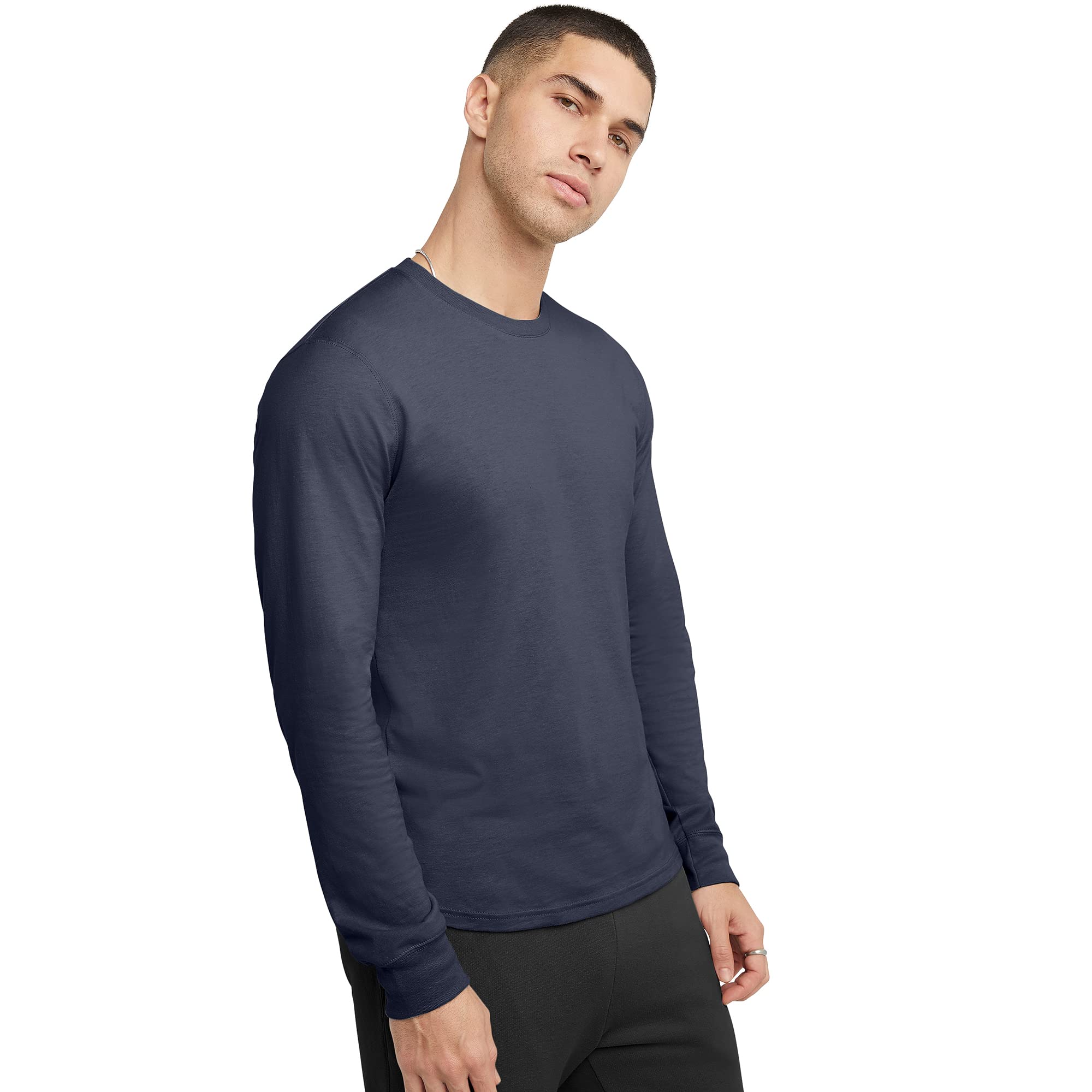 Hanes Originals Long Sleeve Cotton T-Shirt, Classic Crewneck Tee for Men, Black, Large