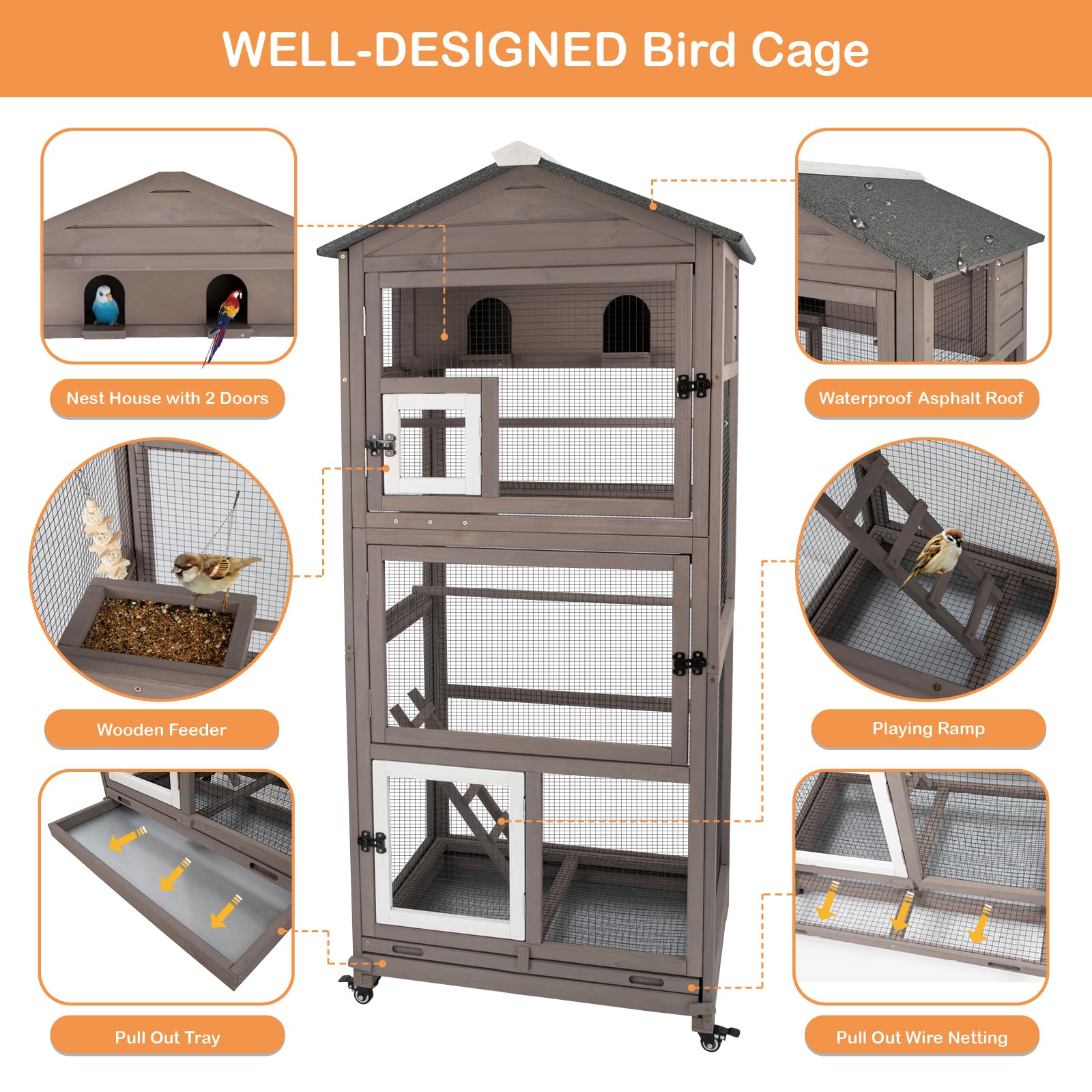 Gowoodhut 68.8"L Outdoor Bird Aviary Indoor Wooden Large Bird Cage Parakeet Cage on Wheels,Removable Wire Netting Slide Pull Out Tray, 2 Perches, Nest House,Ideal for Small Birds,Finches,Parrots,Grey