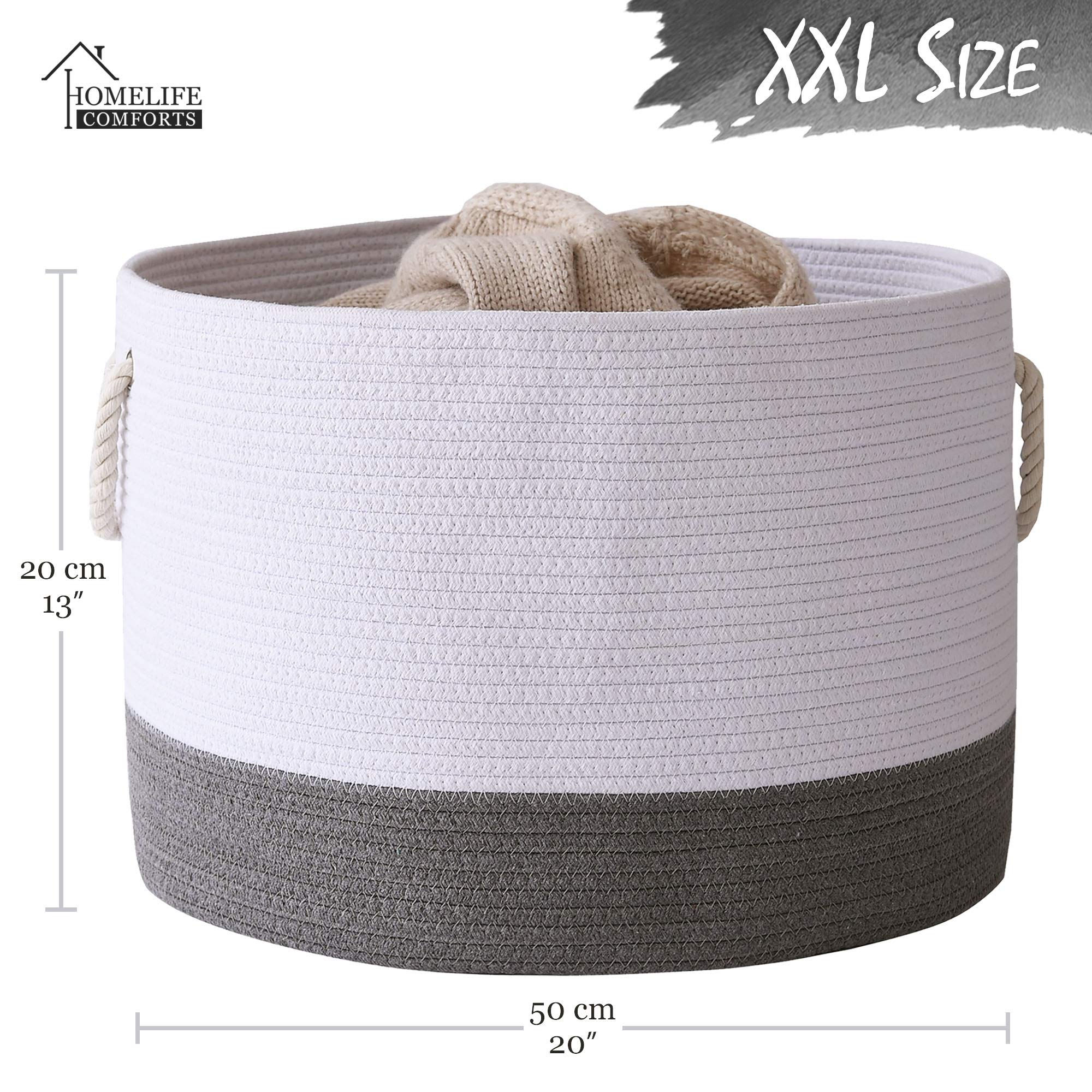 HomeLife Comforts XXL Woven Cotton Rope Basket | 20"x13" Blanket Pillow Towel Baby Toy Nursery Storage Organizer | Decorative Clothes Hamper Bin | Extra Large White Grey as Decor Gift for Laundry Room