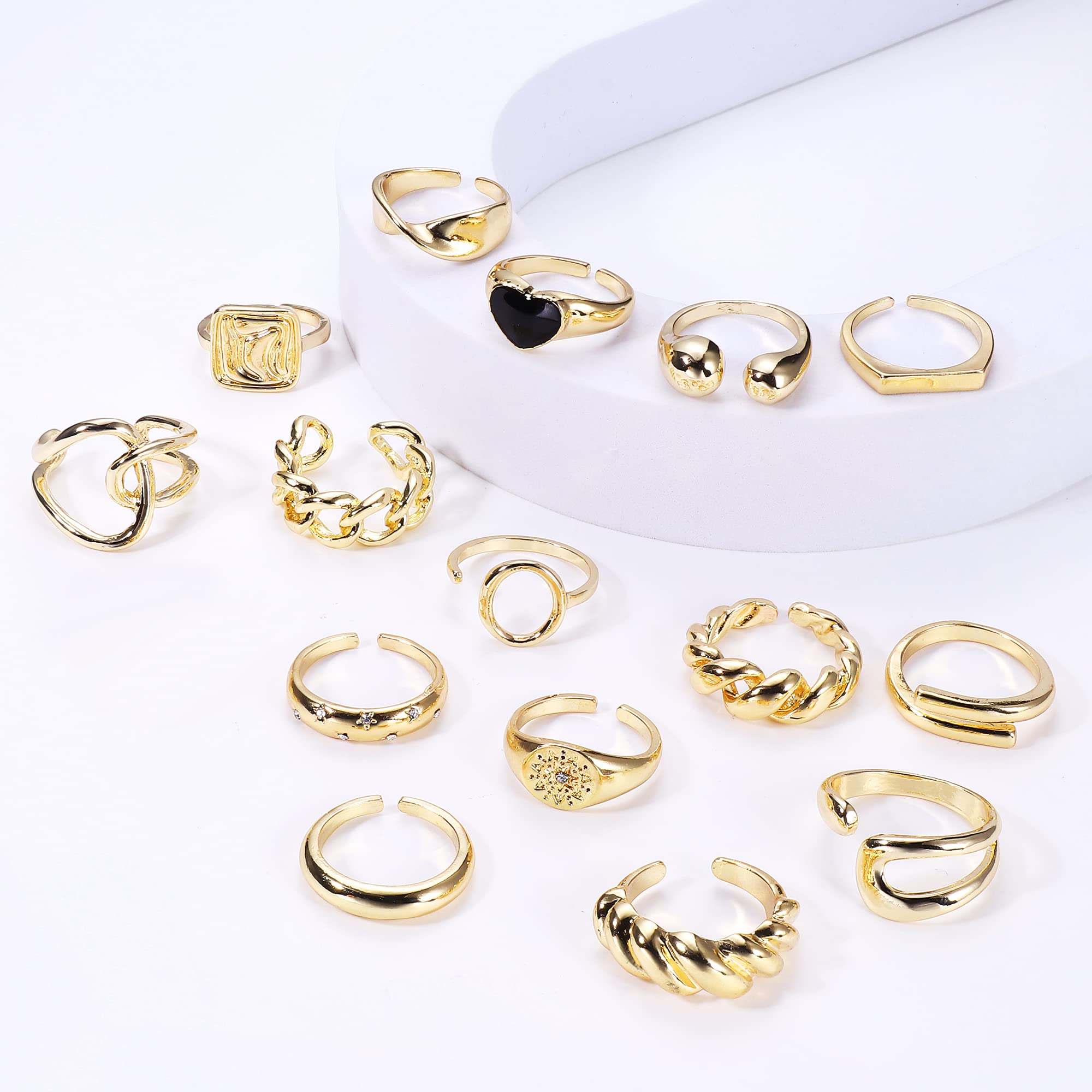 HAIAISO 16Pcs Gold Chunky Dome Ring Set for Women 18K Gold Plated Stackable Open Link Ring Trendy Braided Twisted Geometric Heart Signet Ring Adjustable Band Ring Minimalist Statement Over 3 Years Old