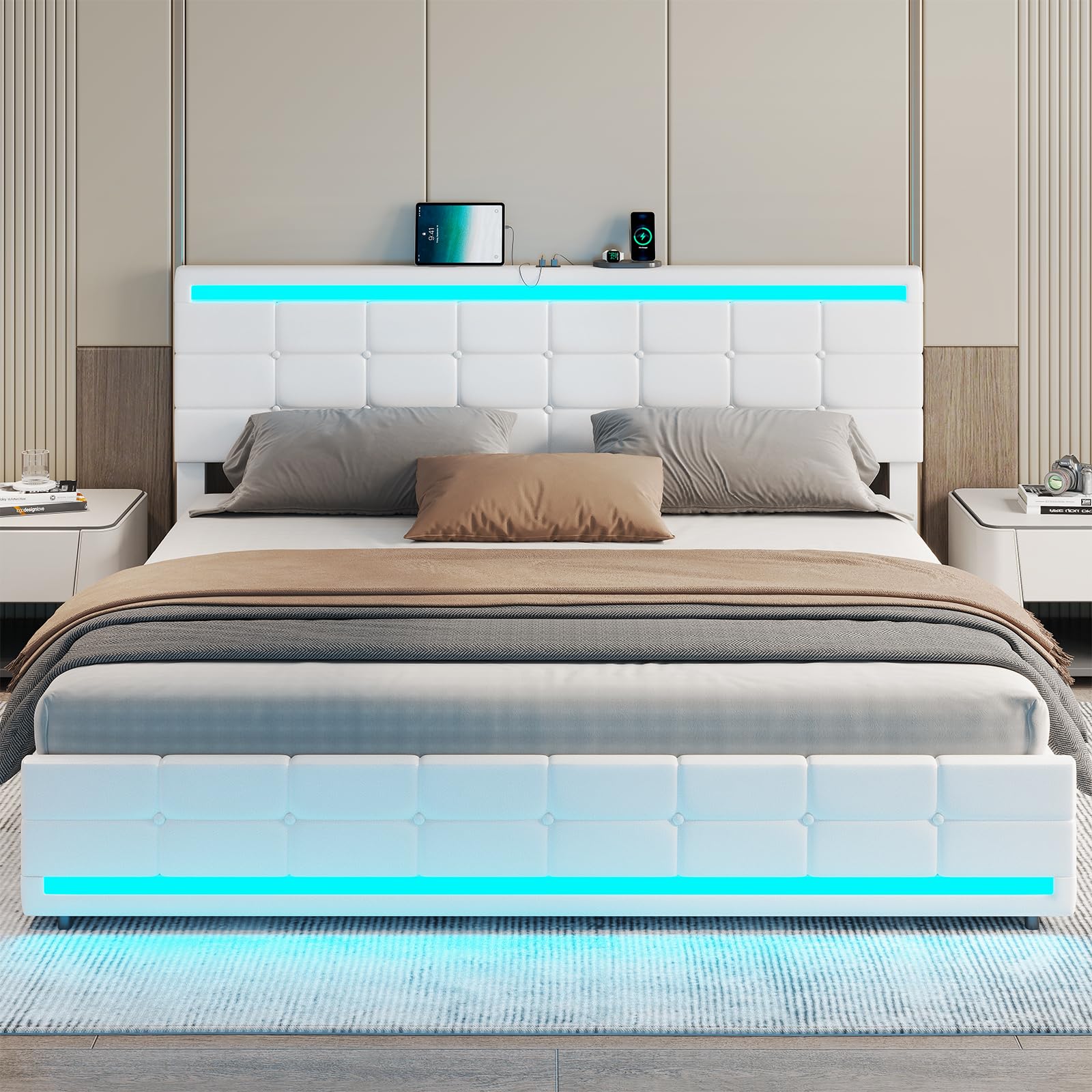 HAUOMS King Bed Frame with LED Lights Leather Platform Bed with Storage Drawers and Charging Station, LED Bed Frame King Size with Adjustable Headboard, No Box Spring Needed, White