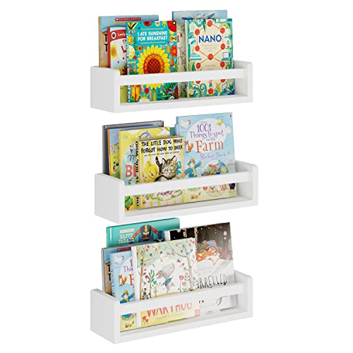 Wallniture Madrid Floating Shelves Wall Bookshelves, Wood White Bookshelf for Kids Books, Picture Frames, Nursery Wall Decor Set of 3