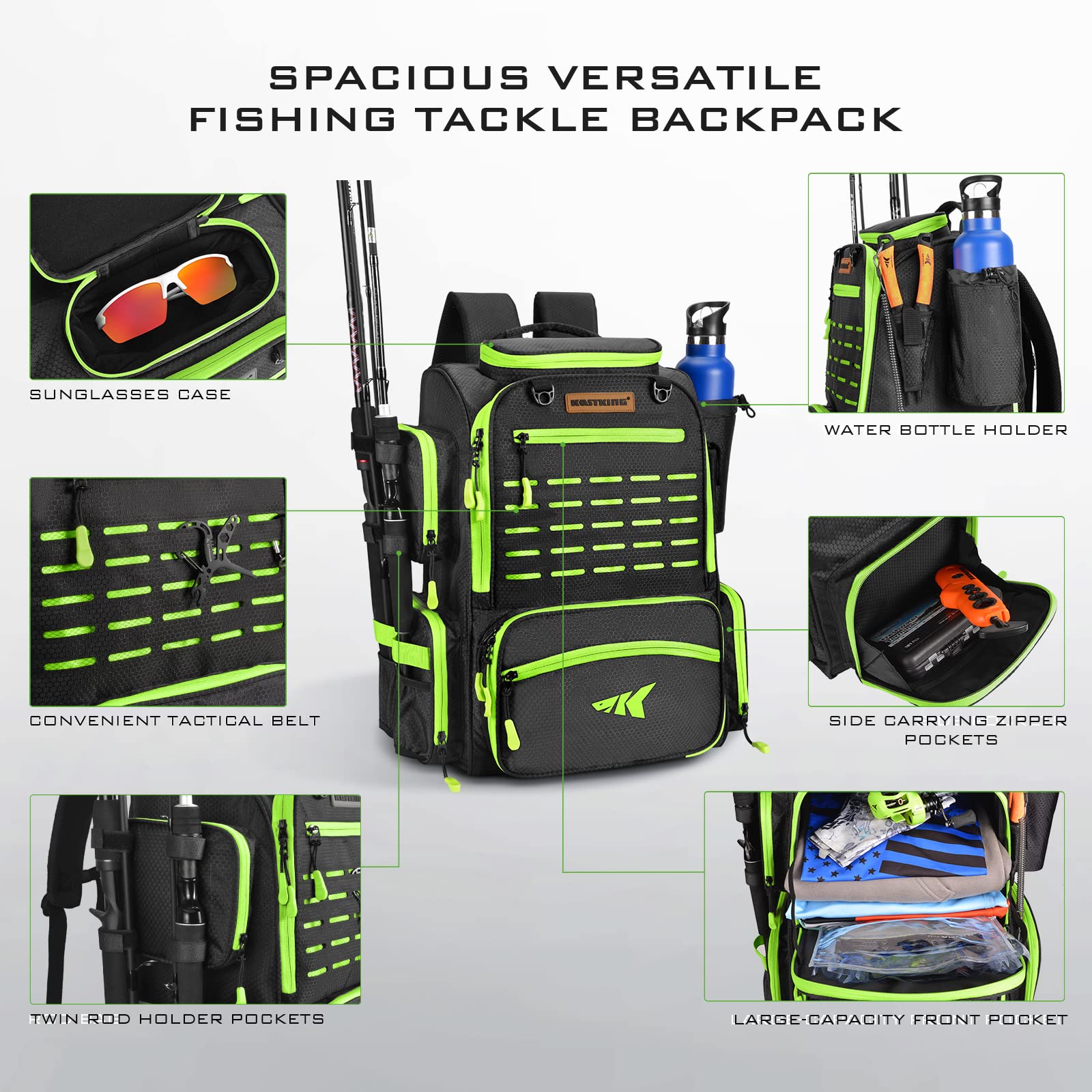 KastKing Bait Boss Fishing Tackle Backpack with Rod Holders-4 Tackle Boxes-Rain Cover,43L Large Storage for Fishing Gear,Green