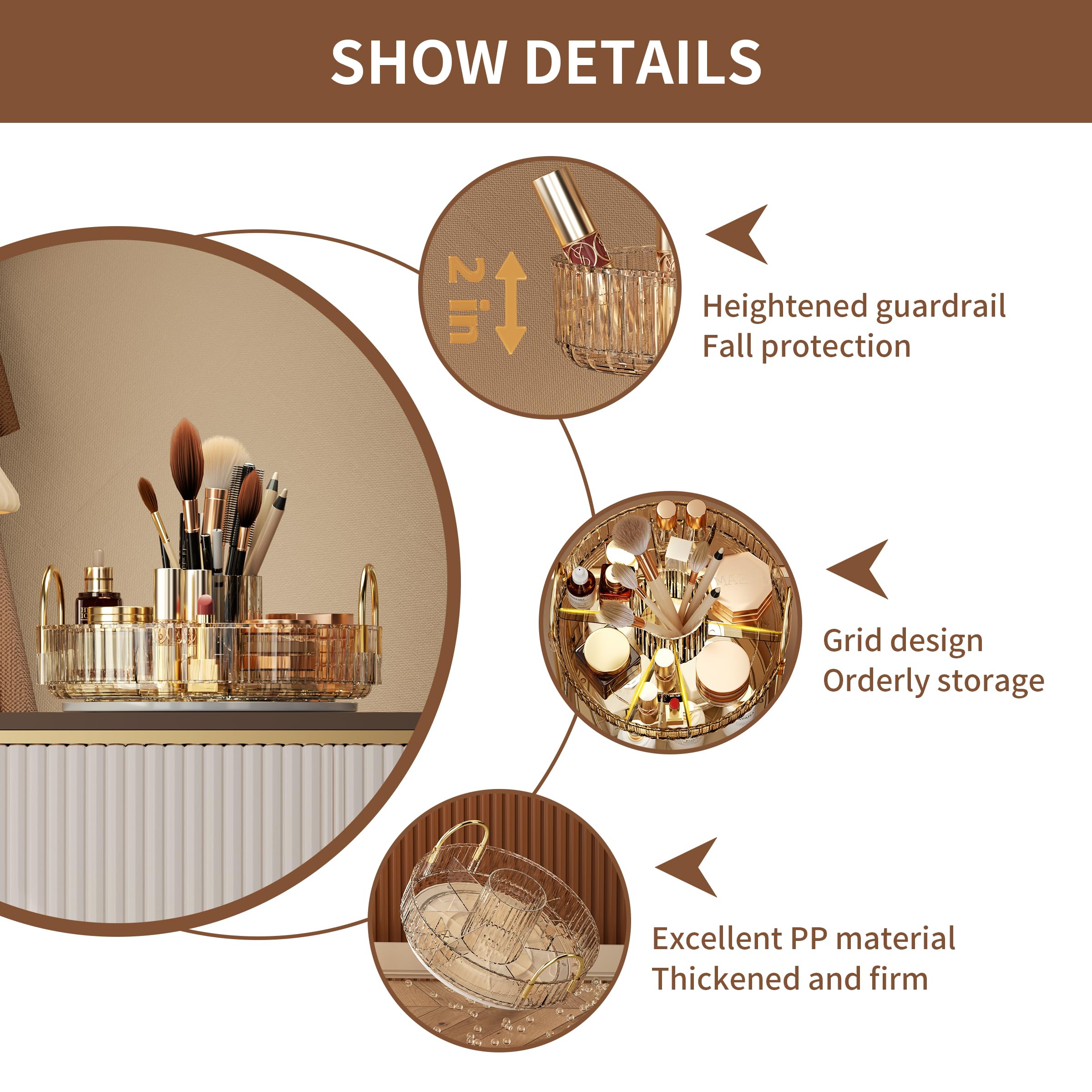 YCIA&DONE Rotating Makeup Organizer for Vanity, Large Capacity Make Up Storage Skin care Shelf Perfume Holders Cosmetic Dresser Organizer Countertop Spinning 360 (Amber Gold, 1Tier)