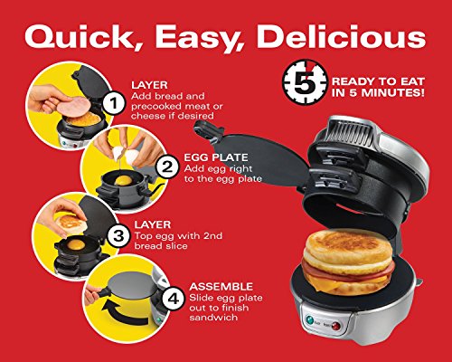 Hamilton Beach Breakfast Sandwich Maker with Egg Cooker Ring, Customize Ingredients, Perfect for English Muffins, Croissants, Mini Waffles, Perfect White Elephant Gifts, Silver (25475A) Discontinued