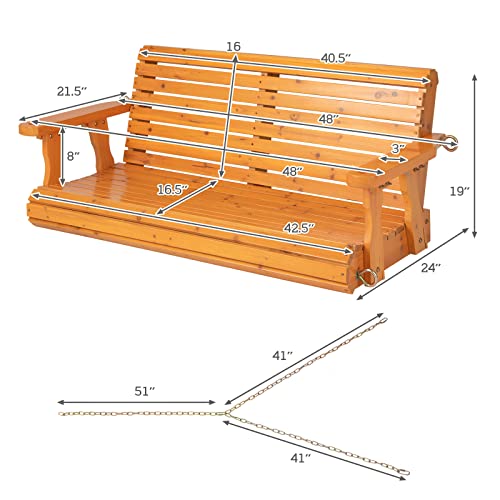 Tangkula 2 Person Hanging Porch Swing, Outdoor Bench Swing with Adjustable Chains, High Back, Cozy Armrests, Wooden Tree Swing Chair for Patio Backyard Deck Garden (Natural)