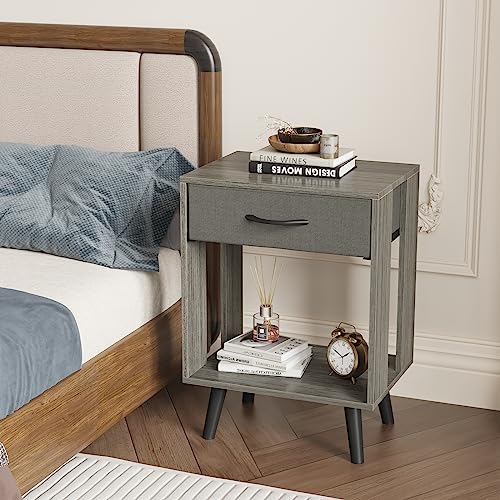 GYIIYUO Nightstand Set of 2 with Fabric Drawers and Open Shelves - Gray Bedroom Side Tables