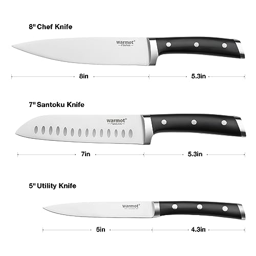 warmot Professional Kitchen Knife Set, 3 Pcs Chef Knife Set Sharp Knives Sets for Kitchen High Carbon Stainless Steel, Cooking Knife Triple Riveted Handle with finger protectors with Gift Box