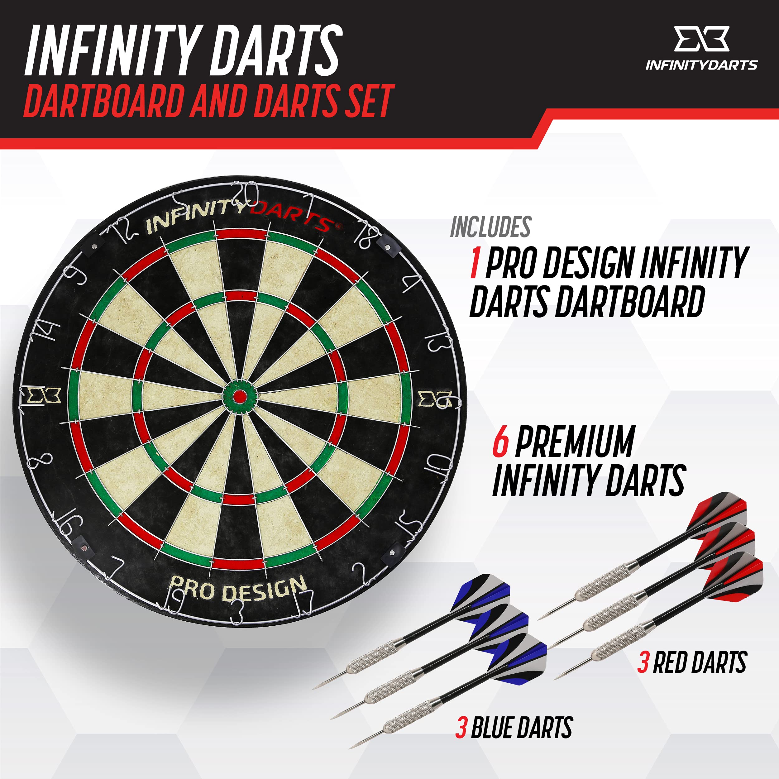 Infinity Darts Bristle Dartboard Set - Includes 6 Metal Tip Darts Set, Self-Healing Sisal Fiber Dart Board, Rotating Steel Wire Scoring Ring, Staple Free Bullseye, for Home Game Room or Bar Darts