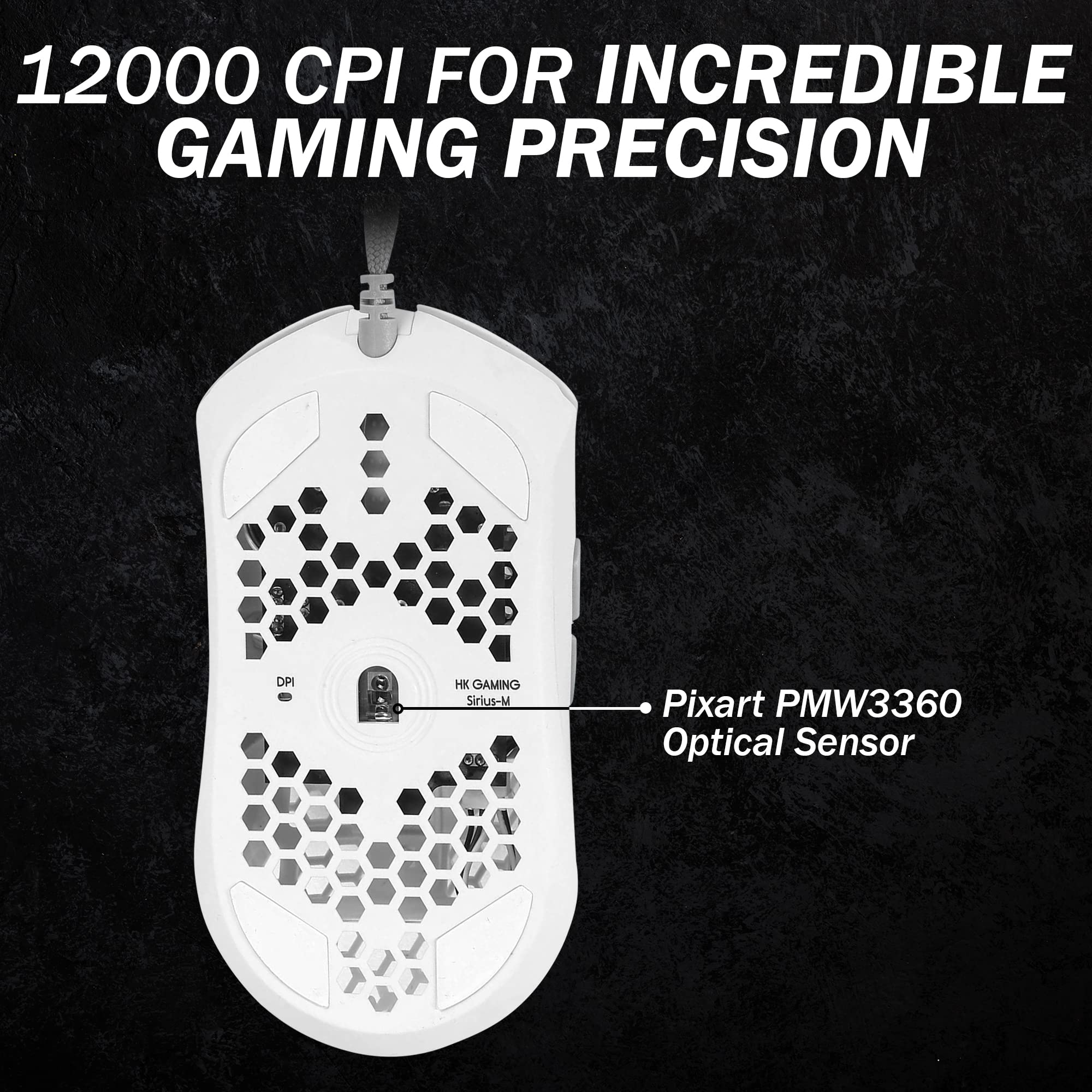 HK Gaming Sirius M Ultra Lightweight Honeycomb Shell Gaming Mouse | 54 Grams | 12000 cpi | USB Wired | 6 programmable Buttons | On-Board Memory | Anti Slip Grips | Sirius-M 12000cpi White