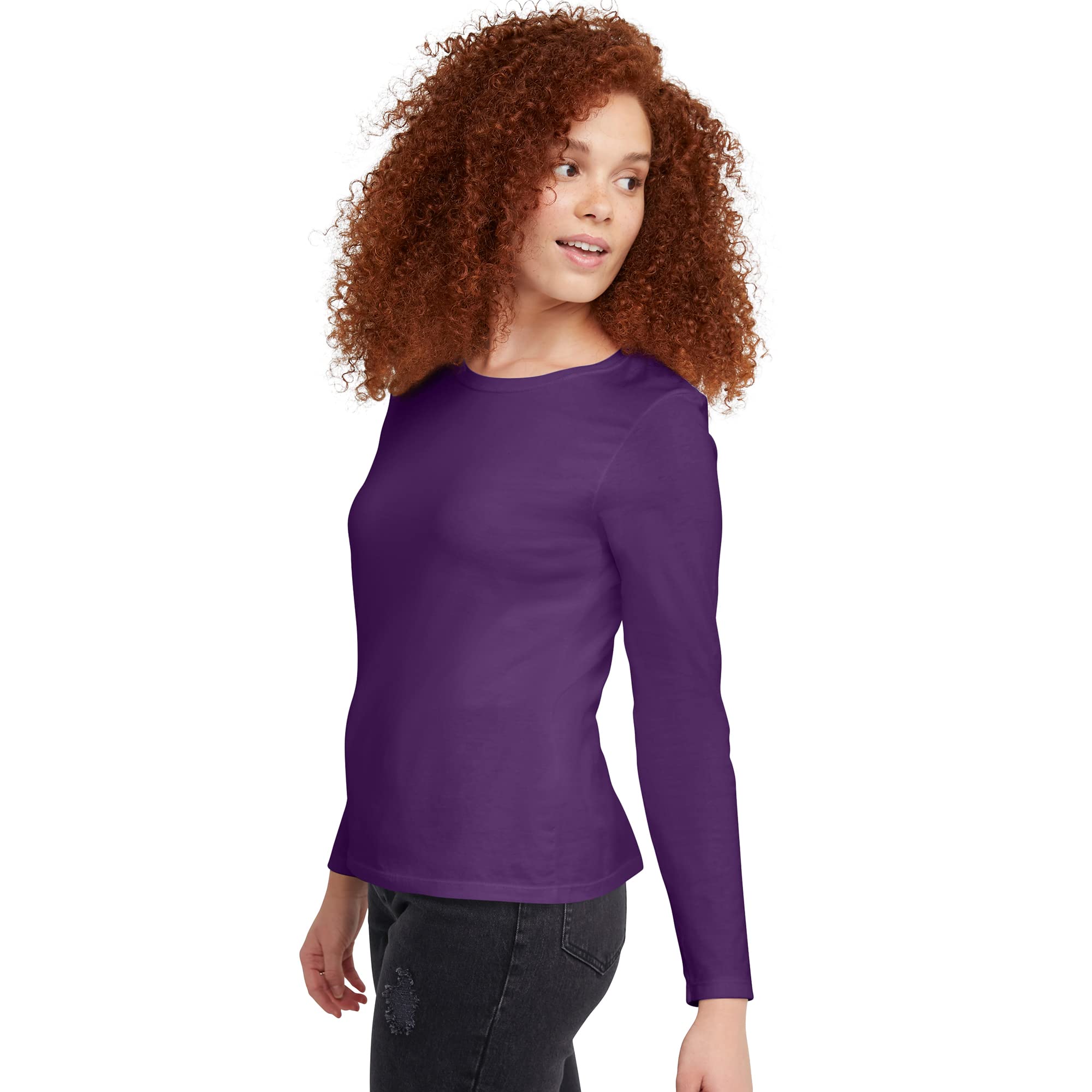 Hanes Women's Originals Long Sleeve Cotton T-Shirt, Lightweight Crewneck Tee, Modern Fit, Violet Splendor, Large