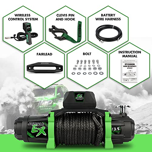 STEGODON Winch 13500 lb. Electric Winch Synthetic Rope Winch,12V Power Waterproof Winch with 2 in 1 Wireless Remote for Towing Jeep Truck Off Road (Jungle EX)