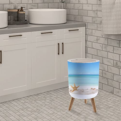 Small Trash Can with Lid Summer Beach with strafish and Shells 7 Liter Round Garbage Can Elasticity Press Cover Lid Wastebasket for Kitchen Bathroom Office 1.8 Gallon