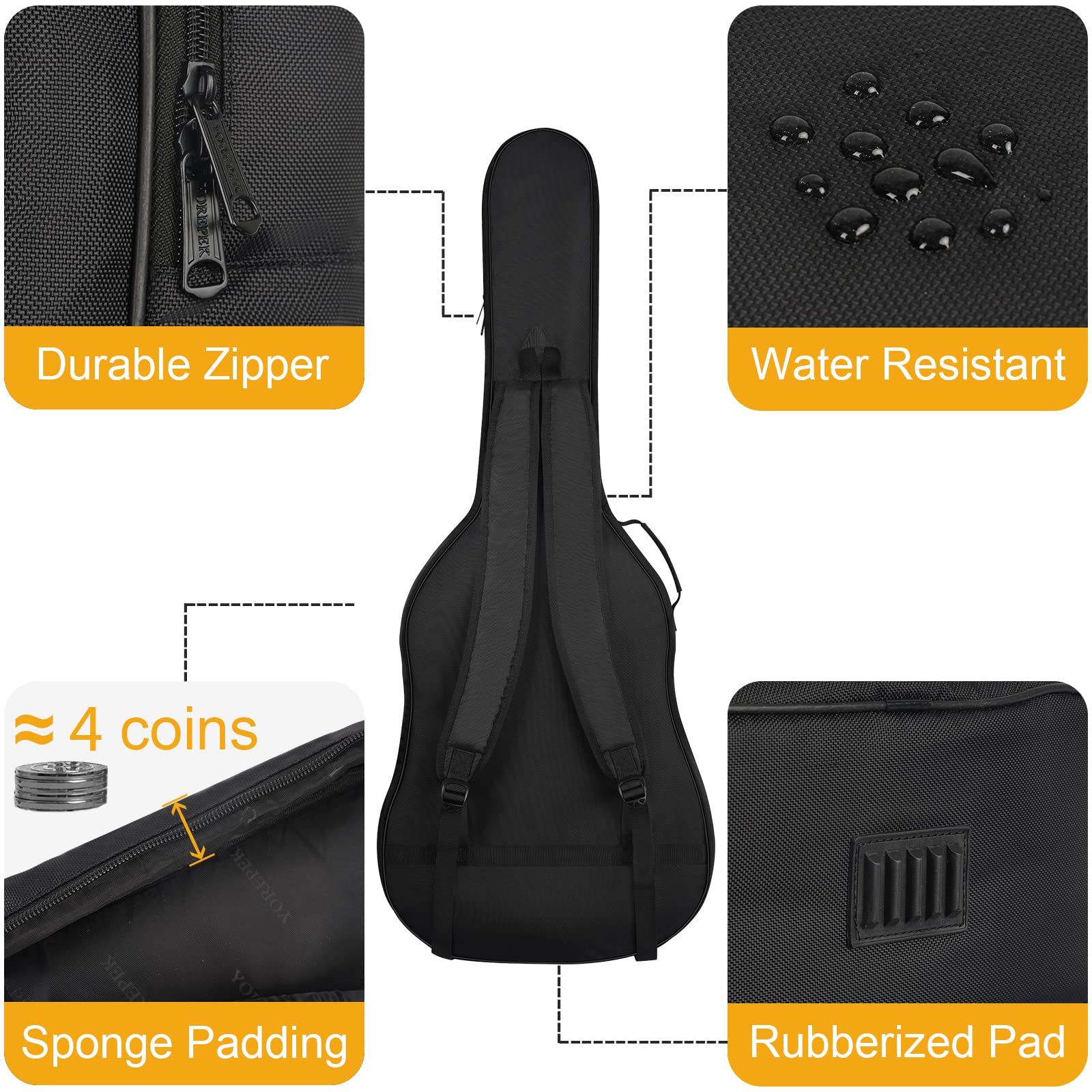Guitar Case, 41 Inch Guitar Bag with Protective Neck Strap, Nice Gift Fit Acoustic Electric Classical Guitars, Water Resistant Guitar Gig Bags with 0.38 Inch Extra Thick Padding Sponge Padded Storage