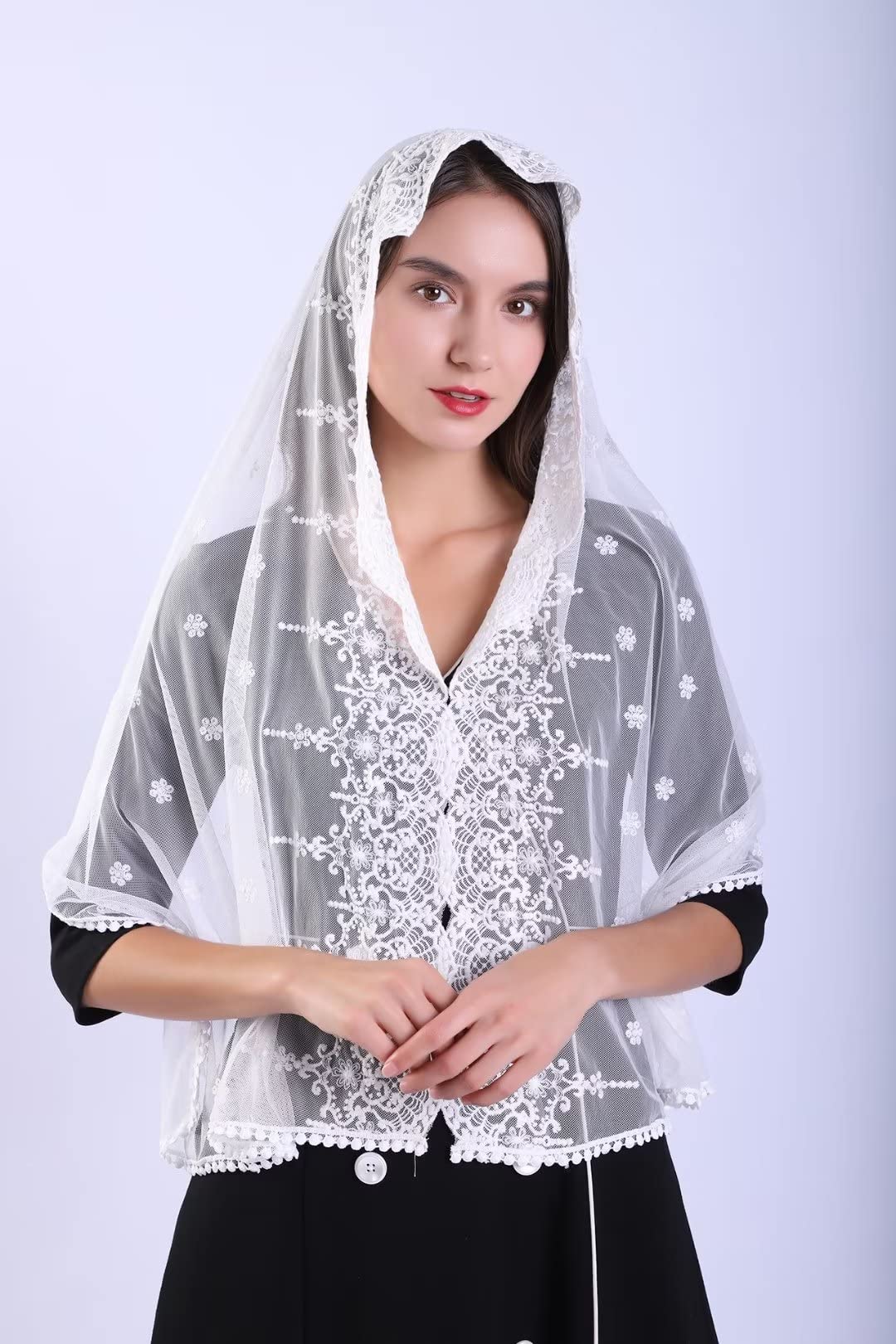 Grettytling Chapel Veil Embroidered Lace Mantilla Church Veil Head Covering Veils for Church Shawl-Scarf Wedding Shawl(White)