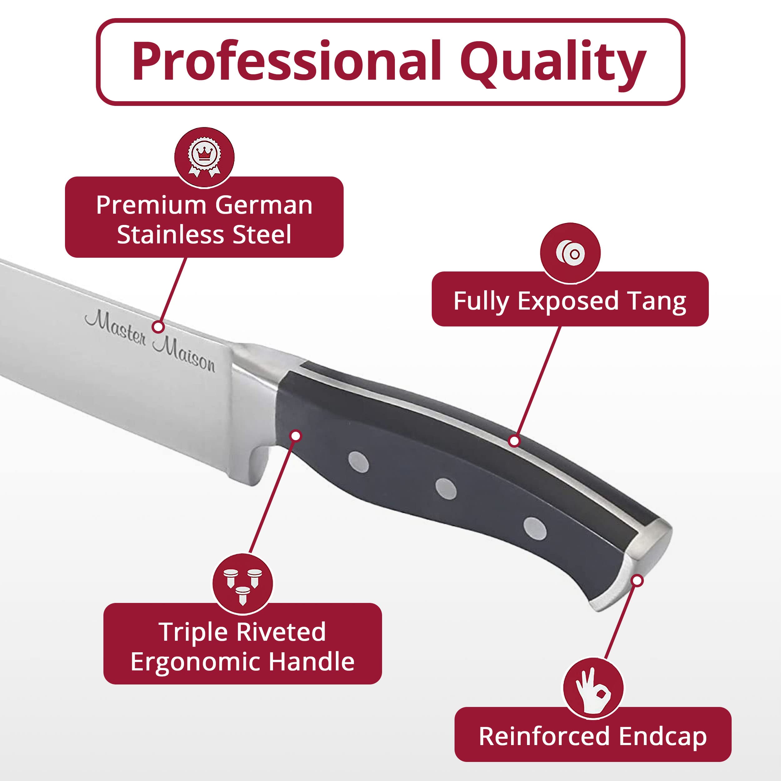 Master Maison Gray Kitchen Knife Set With Knife Block & Bonus Cleaver | German Stainless Steel Knives With Knife Sharpener & 8 Steak Knives | Butcher Block Knife Sets For Kitchen
