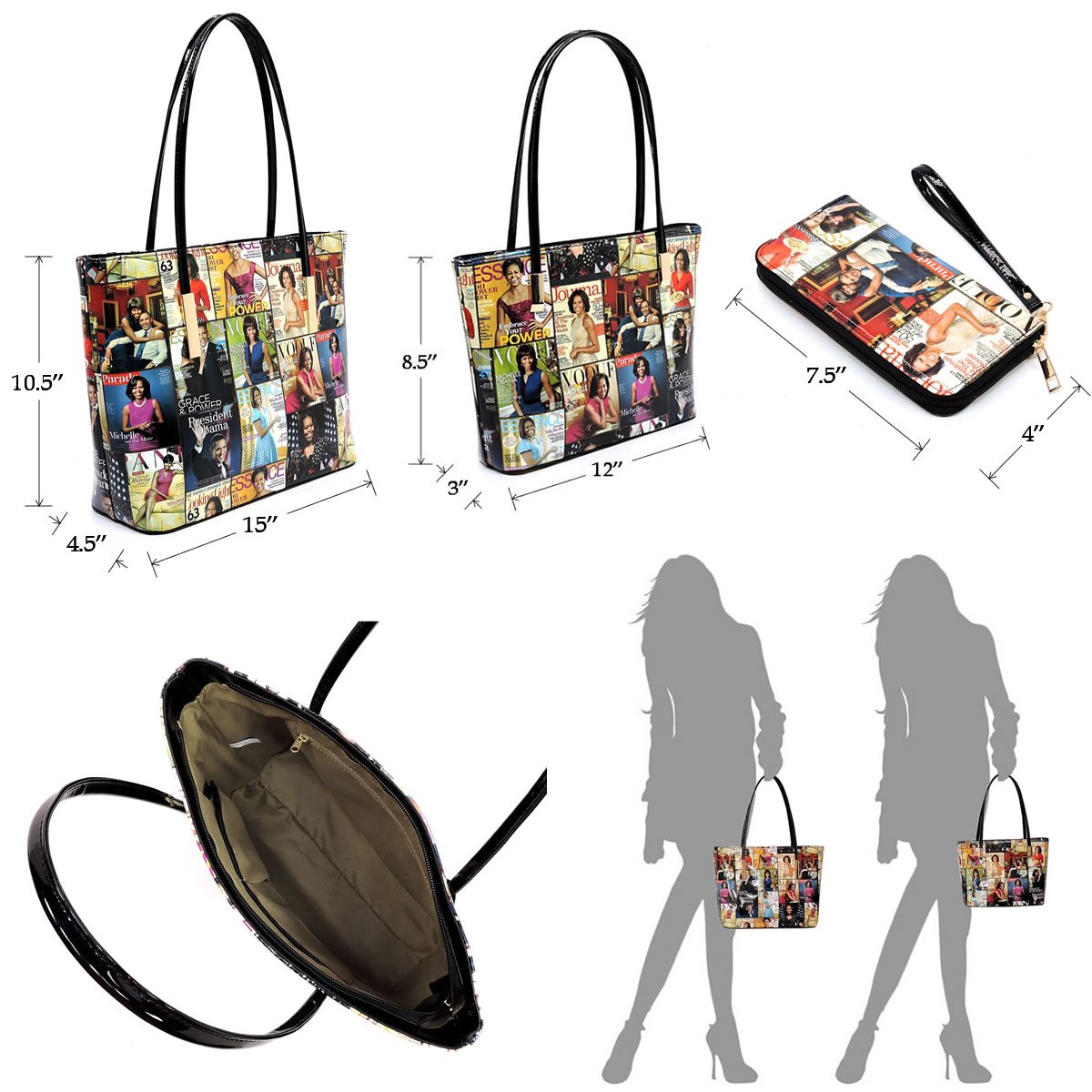 Glossy Magazine Cover Collage 3-in-1 Shopper Tote Bag Wallet Set Michelle Obama Handbag (9-Multi/Black)